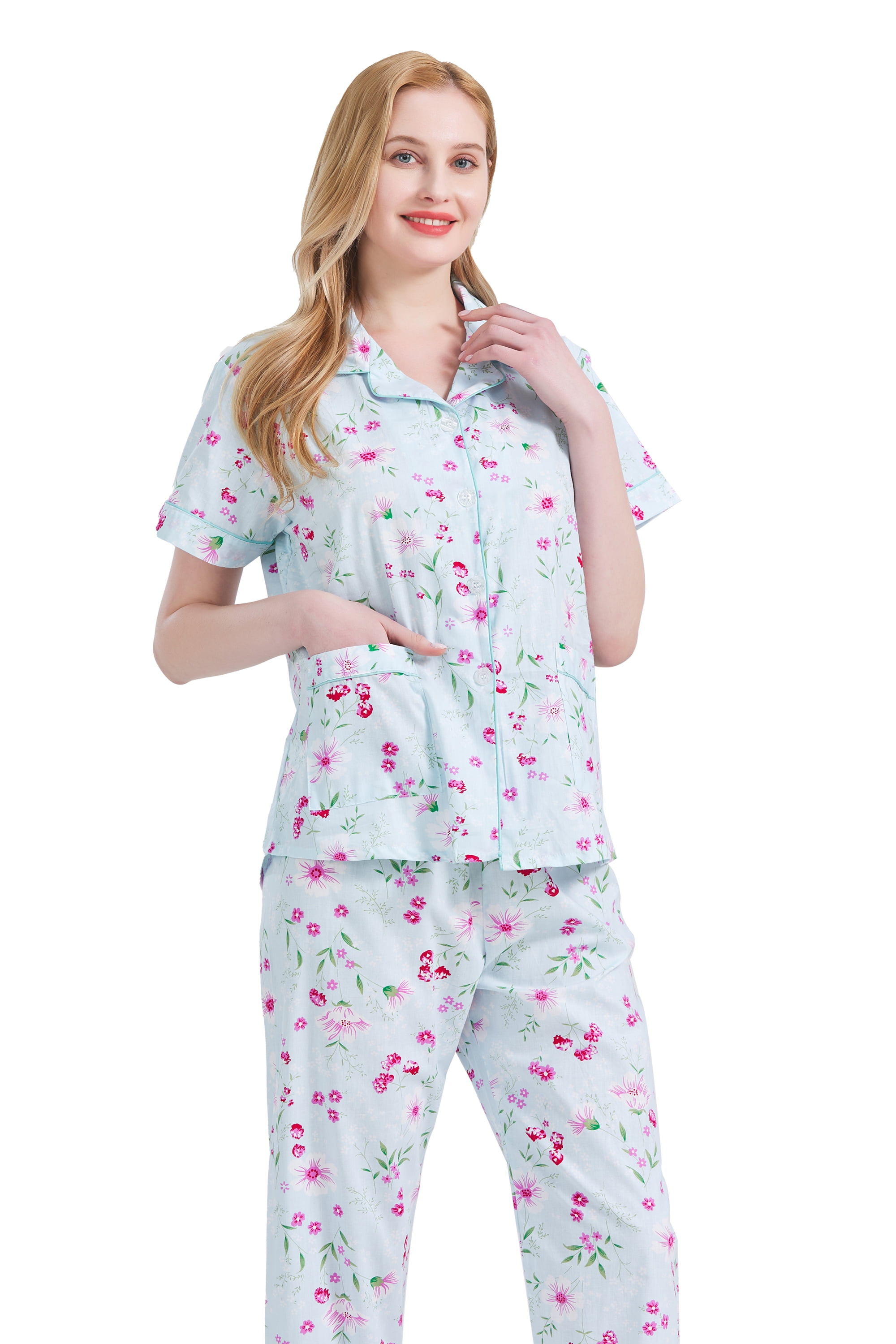 GLOBAL Women 100% Cotton Button Down Short Sleeve Top & Long Pants ...