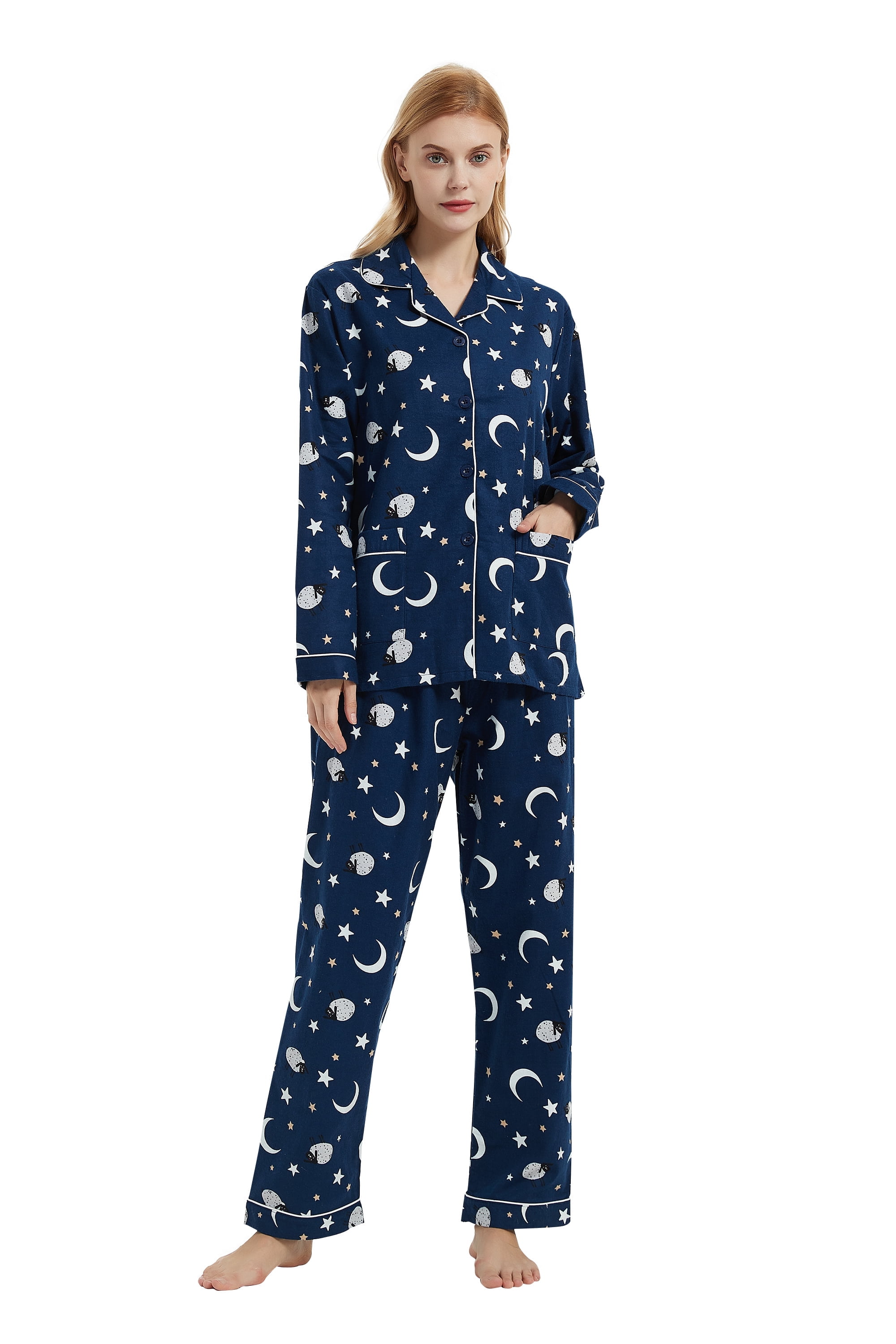 GLOBAL Women's Cotton Flannel Classic Pajama Set Sleepwear Loungewear ...