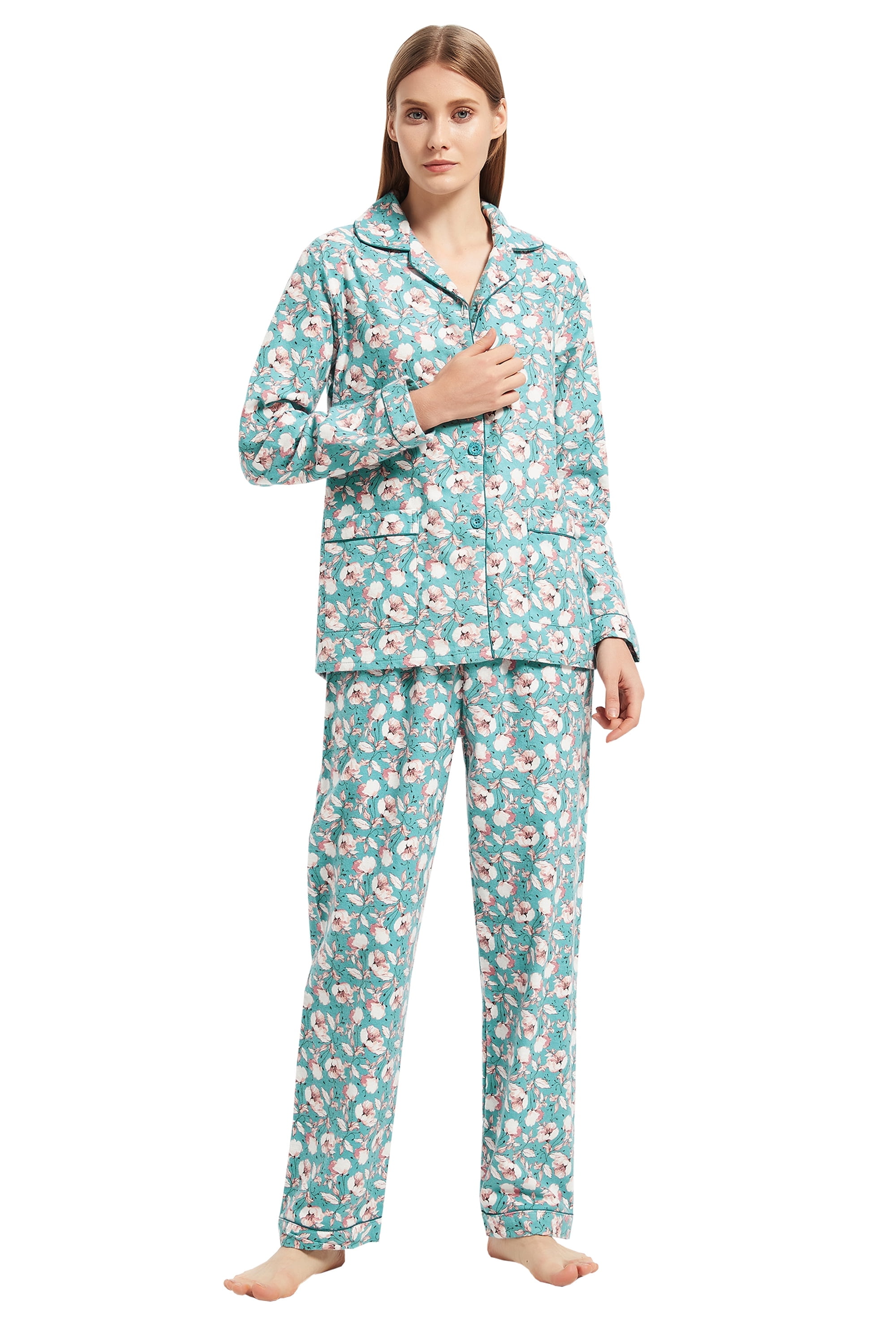 GLOBAL Women's Cotton Flannel Classic Pajama Set Sleepwear Loungewear ...