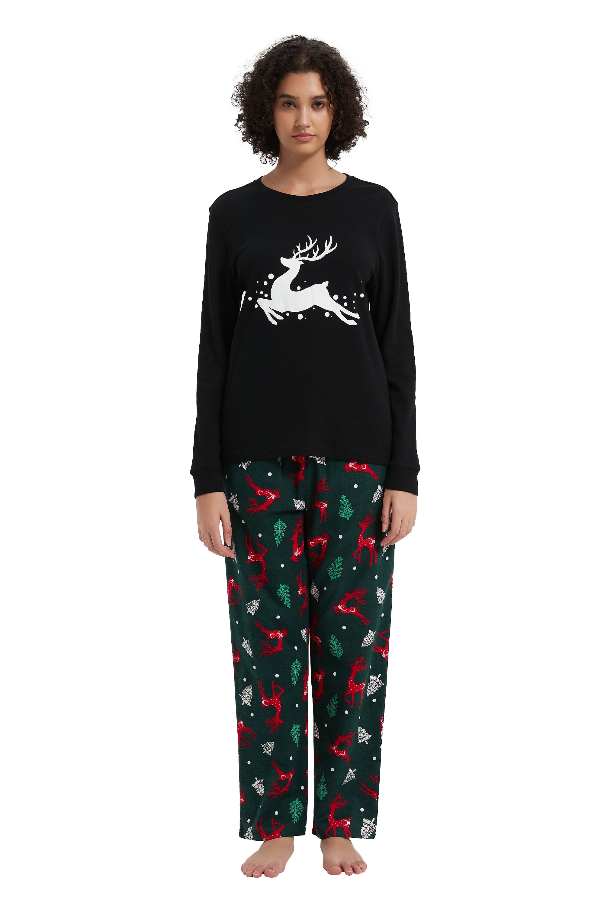 GLOBAL Women's Cotton Knit Top Flannel Pants Sleepwear Matching Pajamas ...
