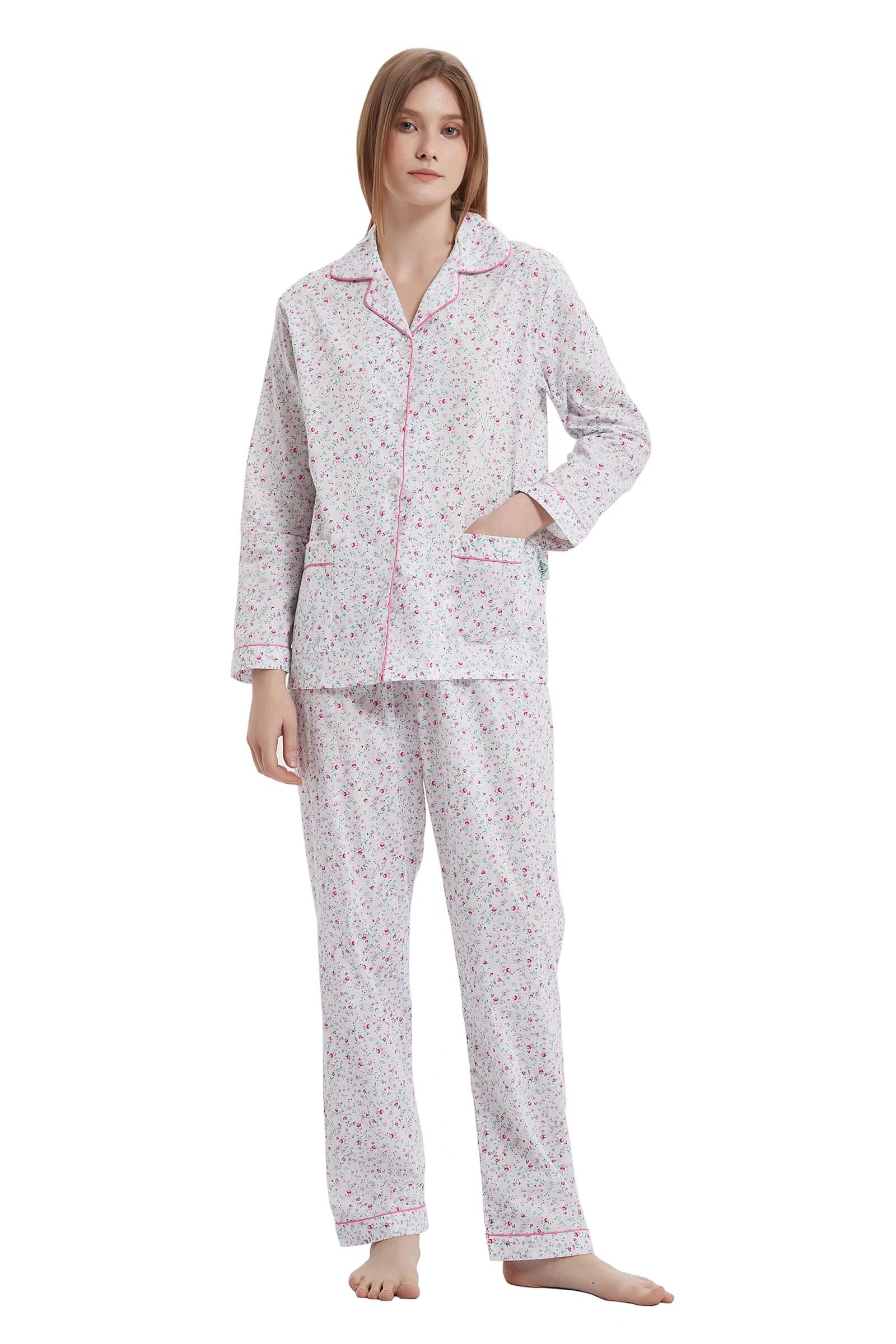 GLOBAL Women's Cotton Loungewear & Pajama Set Long Sleeve Button-Down ...