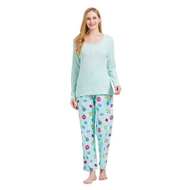 Global Womens Flannel Pajama Sets Knit Top Flannel Pants Sleepwear