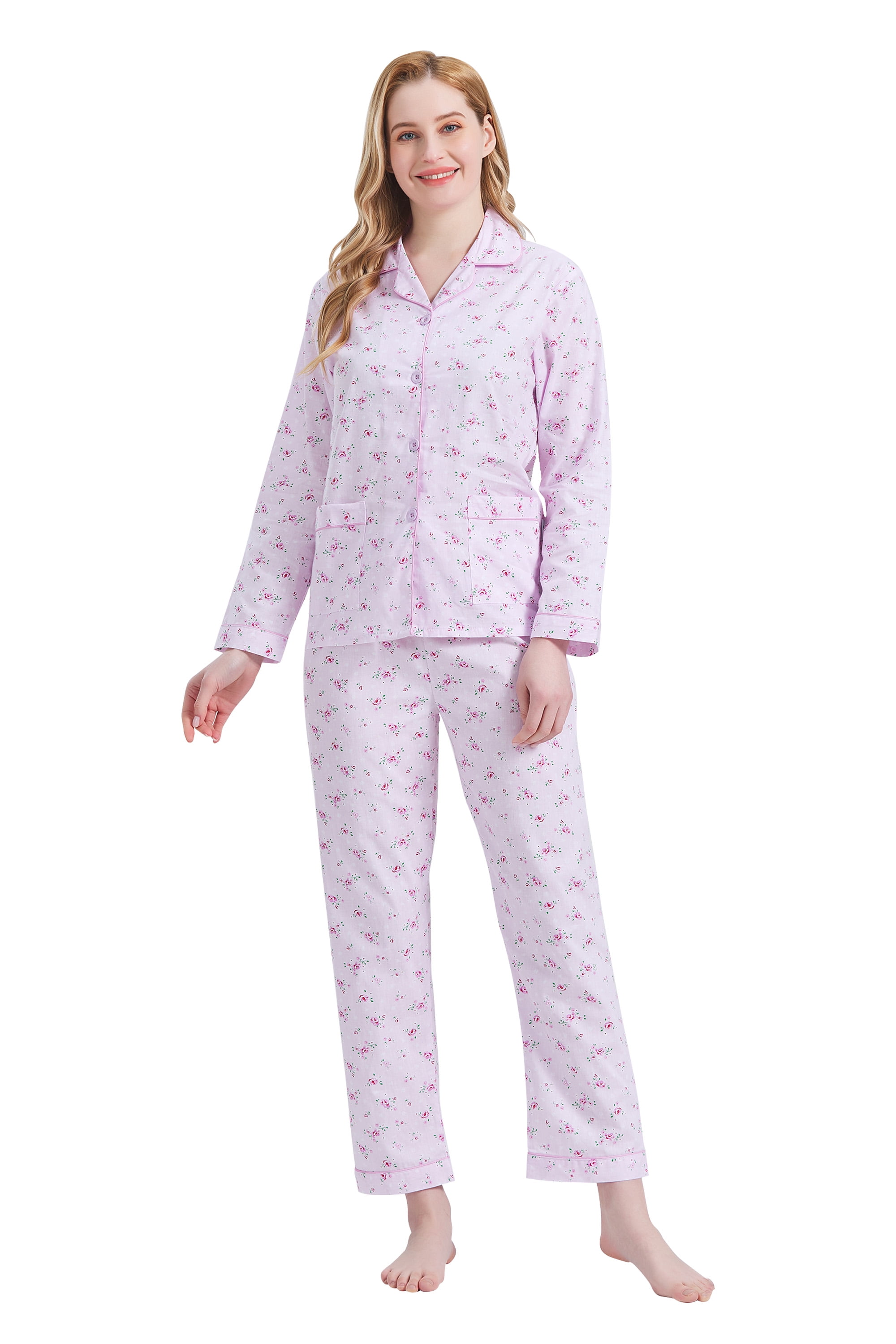 GLOBAL Womens 100% Cotton Notch Collar Pajama Set Homewear with Pockets ...