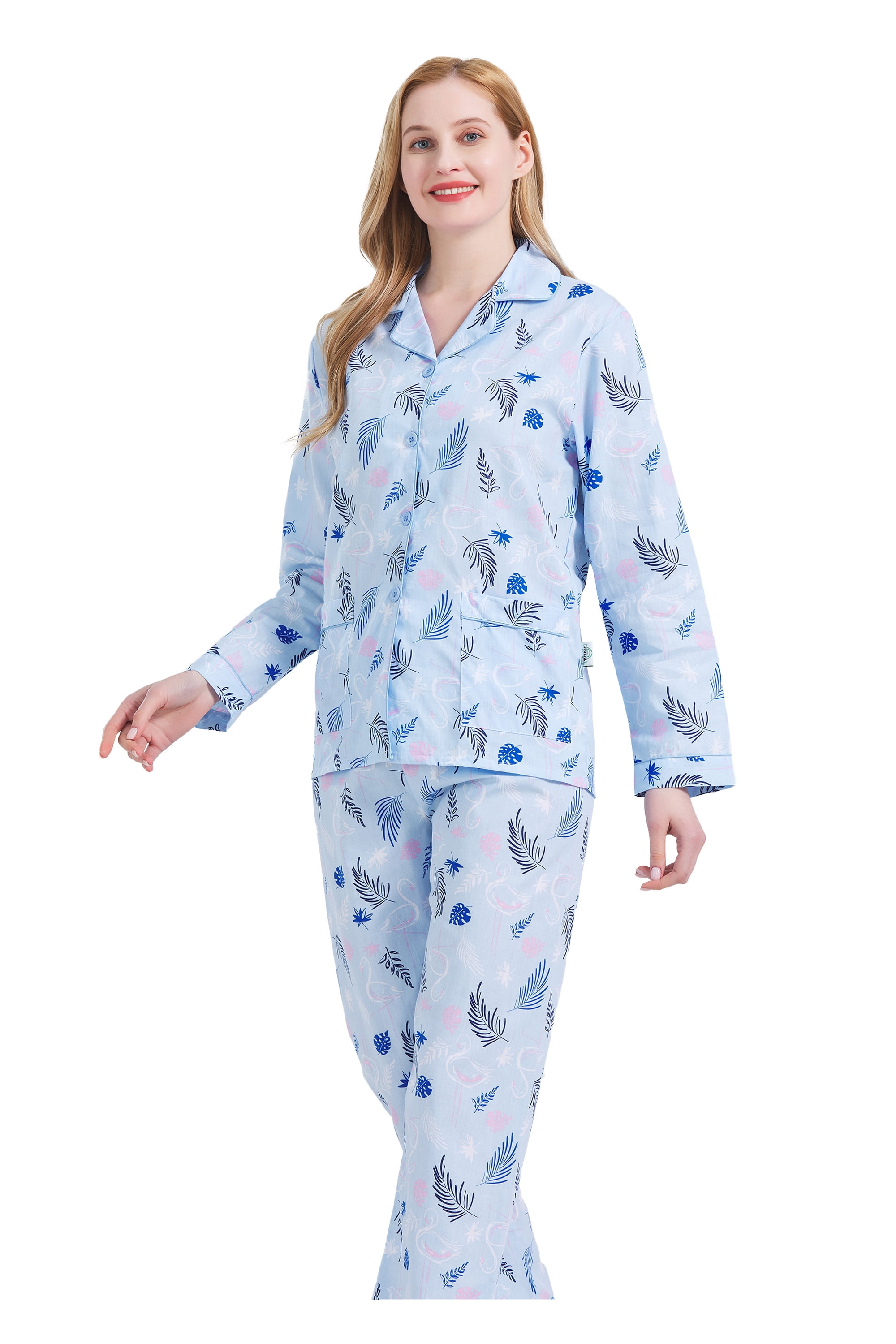 GLOBAL Womens 100% Cotton Notch Collar Pajama Set Homewear with Pockets ...