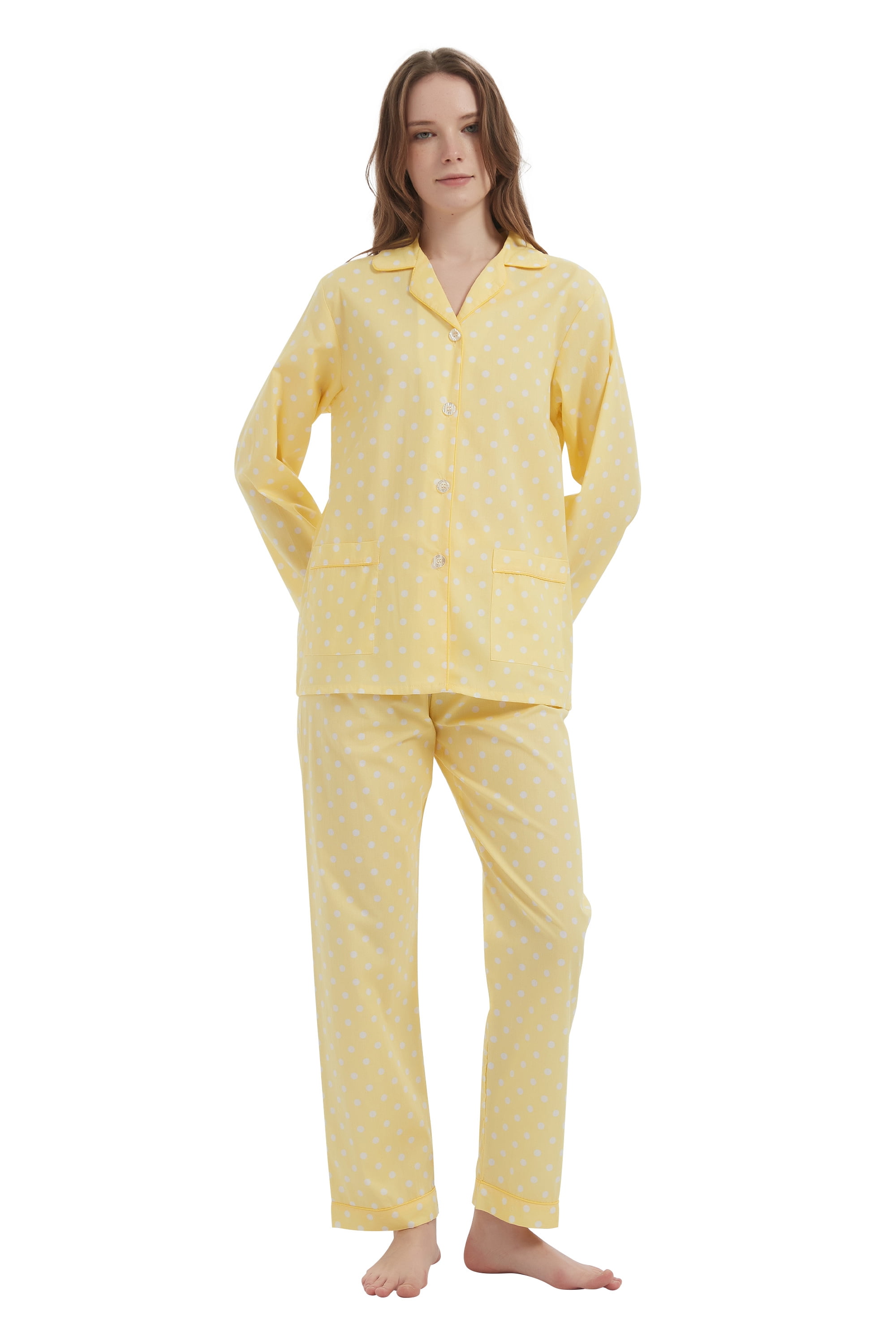 GLOBAL Womens 100% Cotton Notch Collar Pajama Set Homewear with Pockets ...