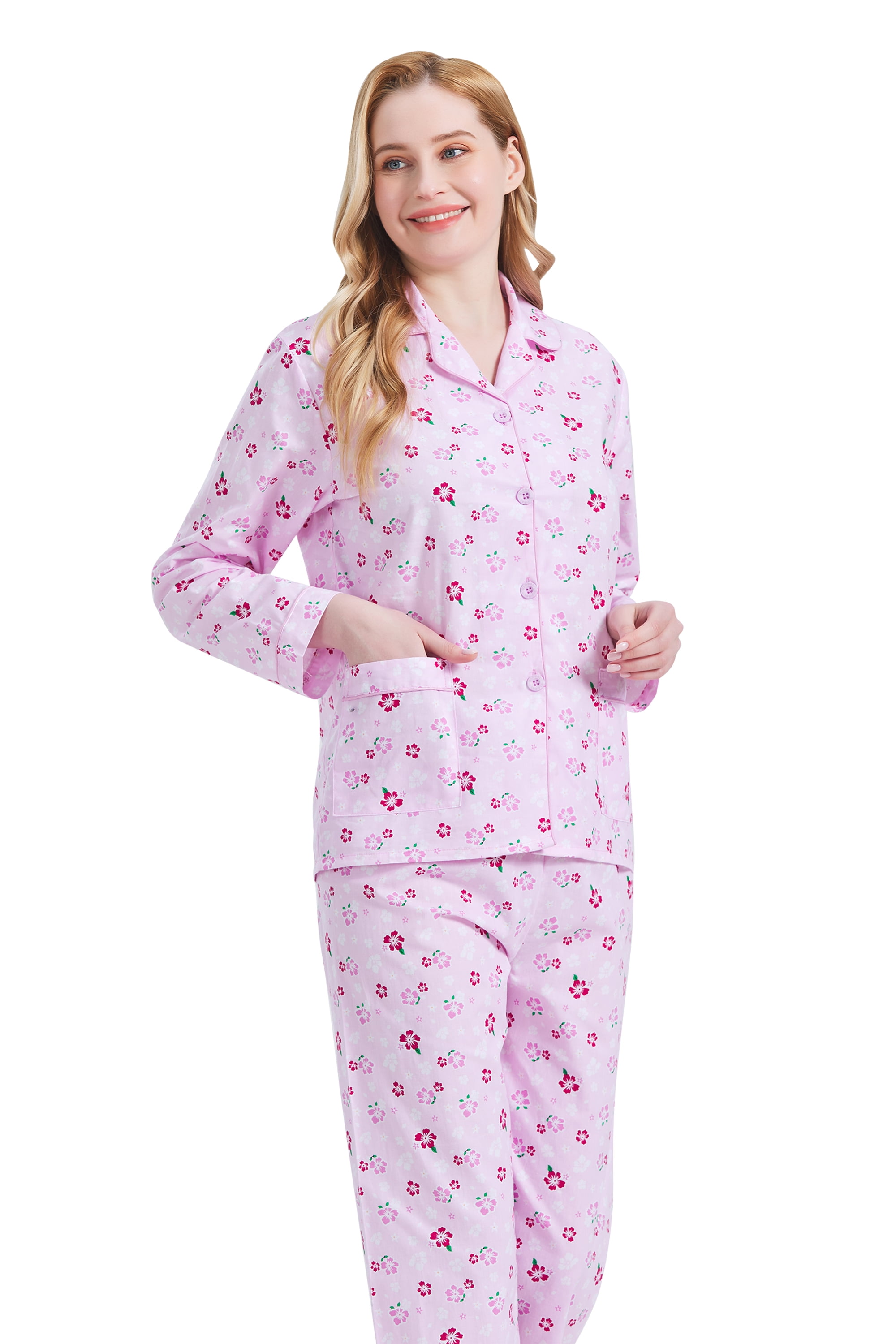 GLOBAL Womens 100% Cotton Notch Collar Pajama Set Homewear with Pockets ...