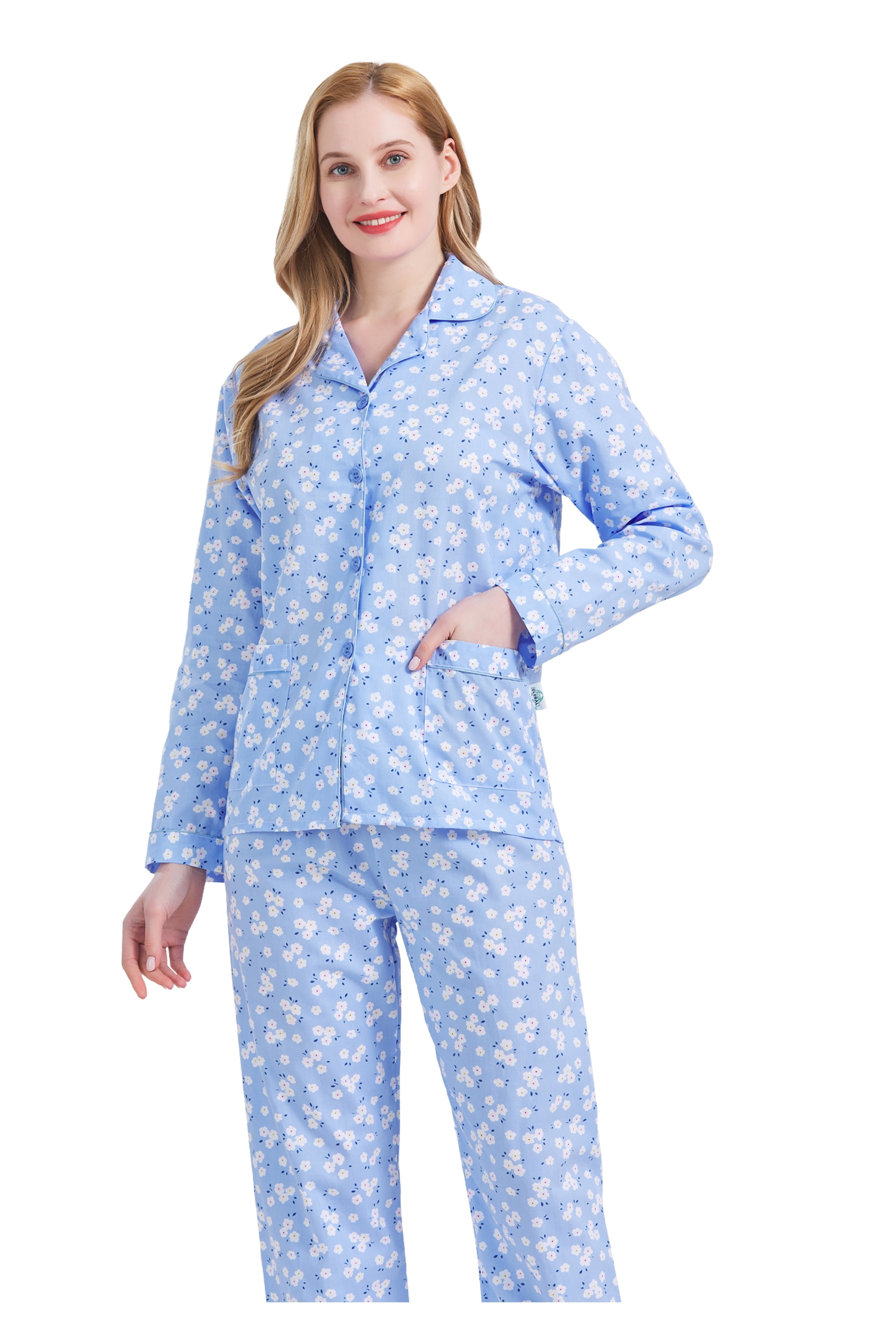 GLOBAL Womens 100% Cotton Notch Collar Pajama Set Homewear with Pockets ...