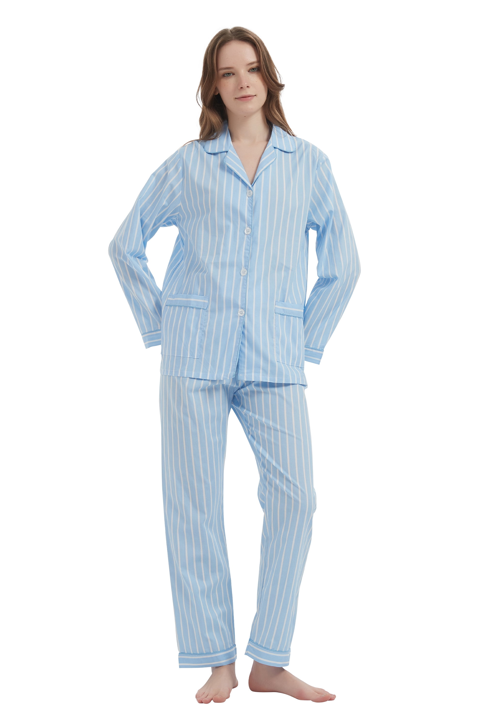 GLOBAL Womens 100% Cotton Notch Collar Pajama Set Homewear with Pockets ...