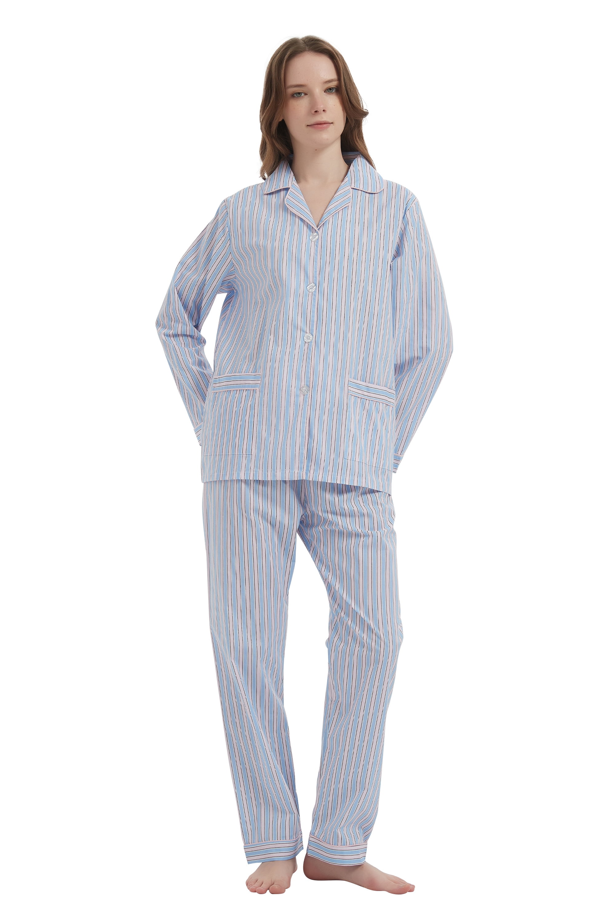GLOBAL Womens 100% Cotton Notch Collar Pajama Set Homewear with Pockets ...