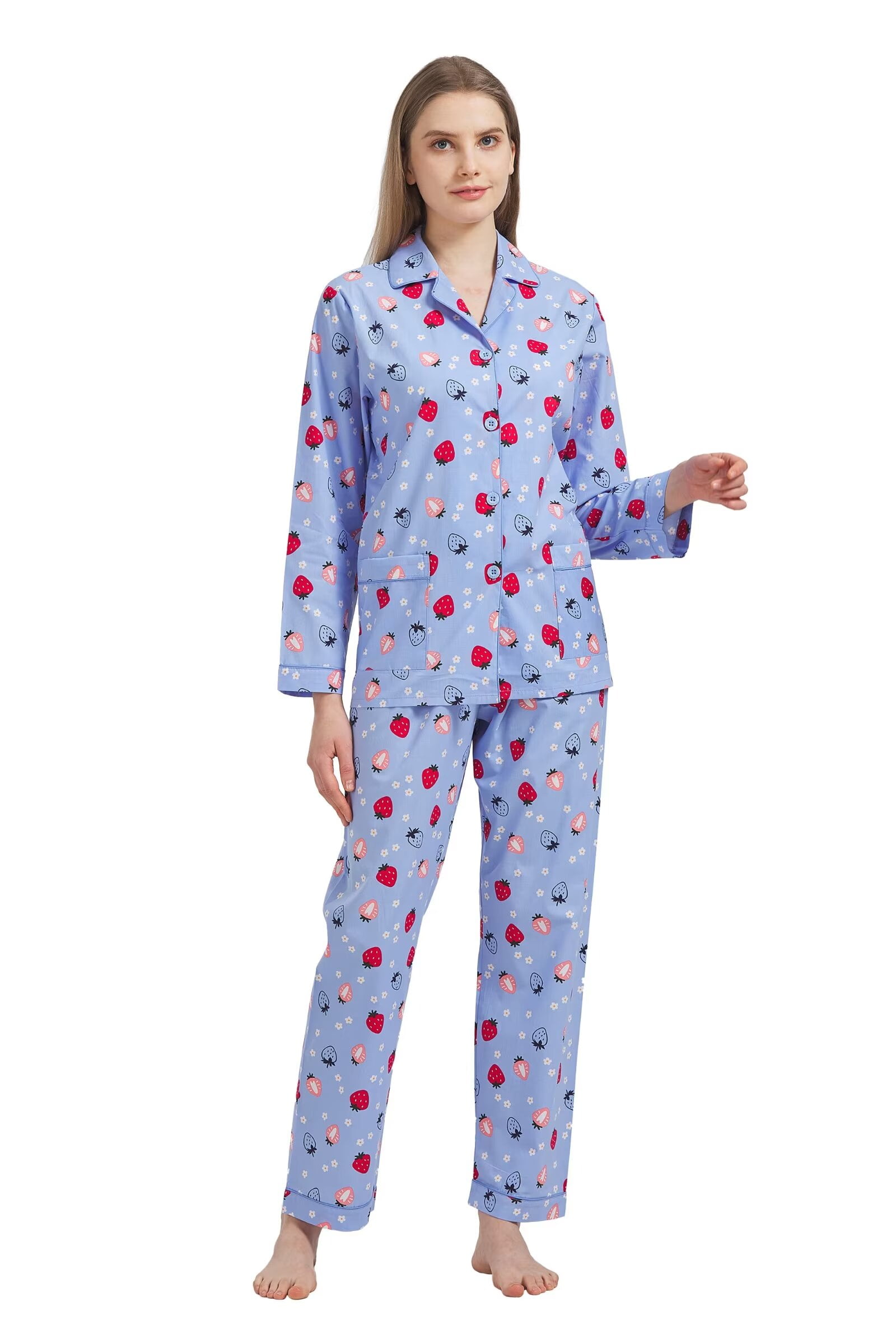 GLOBAL Womens 100% Cotton Notch Collar Pajama Set Homewear with Pockets ...