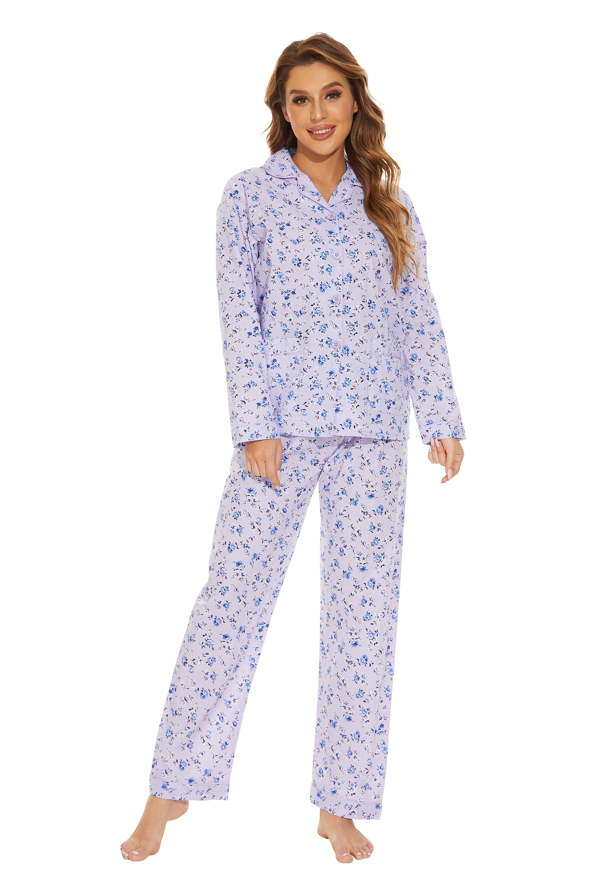GLOBAL Womens 100% Cotton Notch Collar Pajama Set Homewear with Pockets ...