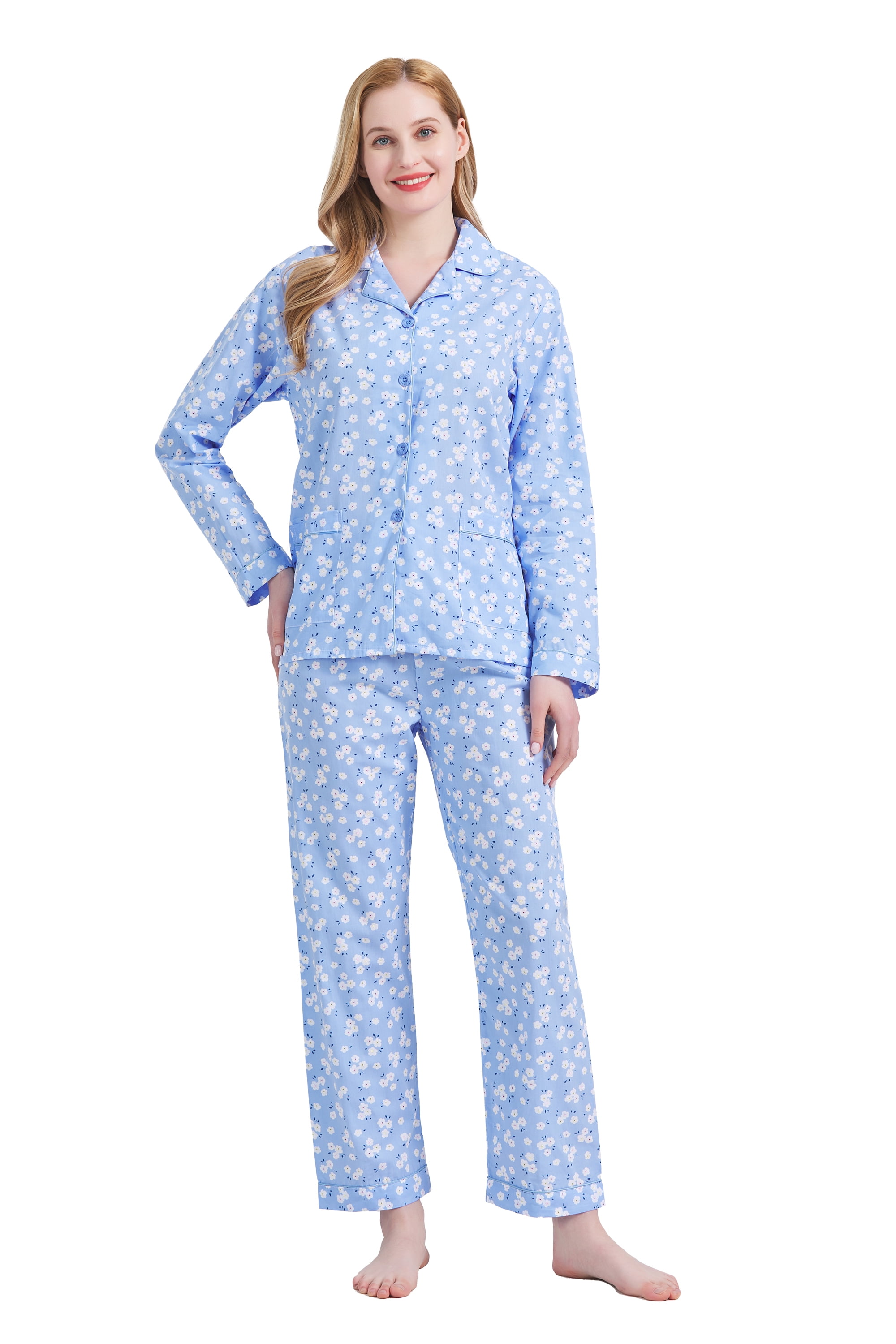GLOBAL Womens 100% Cotton Notch Collar Pajama Set Homewear with Pockets ...