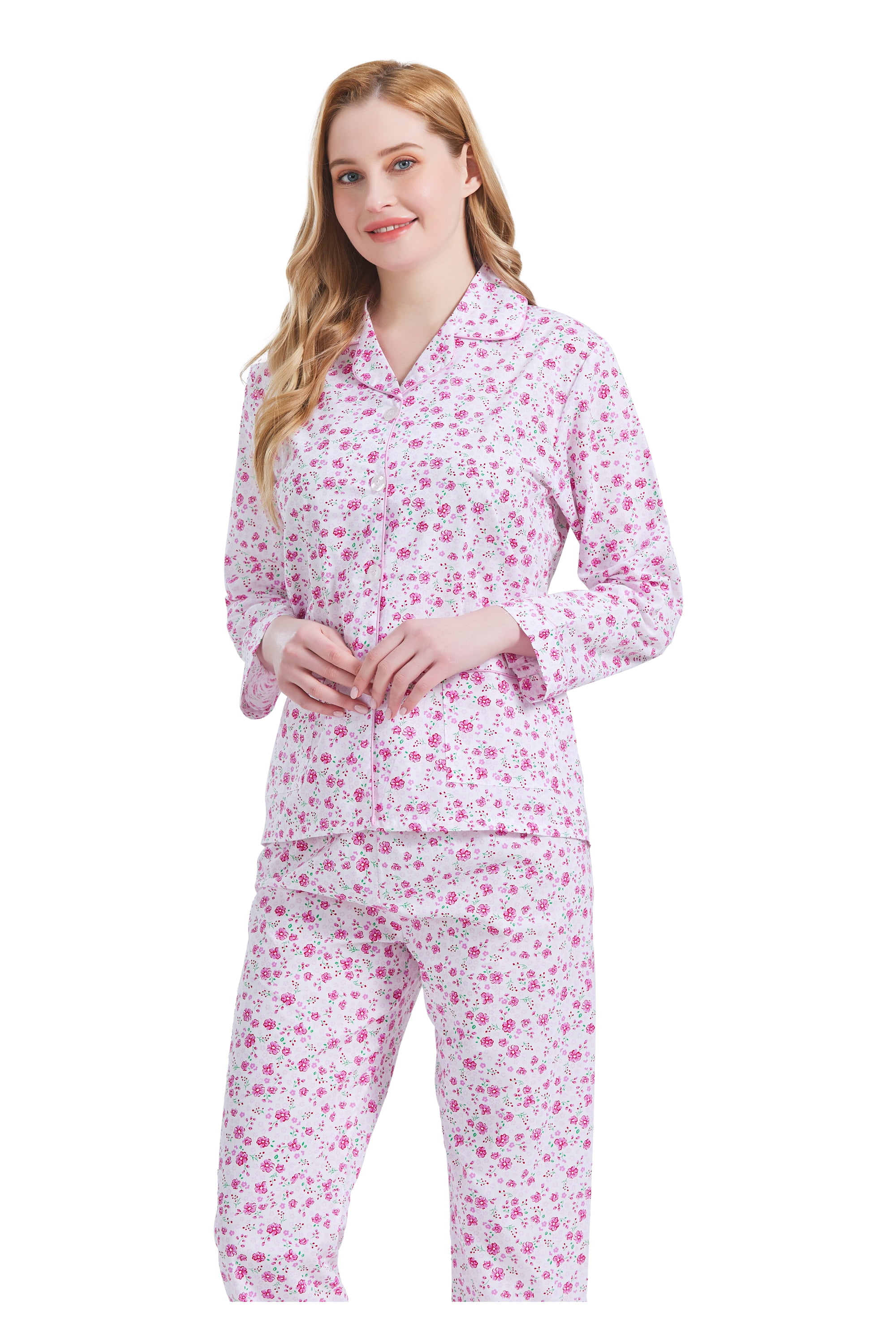 GLOBAL Womens 100% Cotton Notch Collar Pajama Set Homewear with Pockets ...
