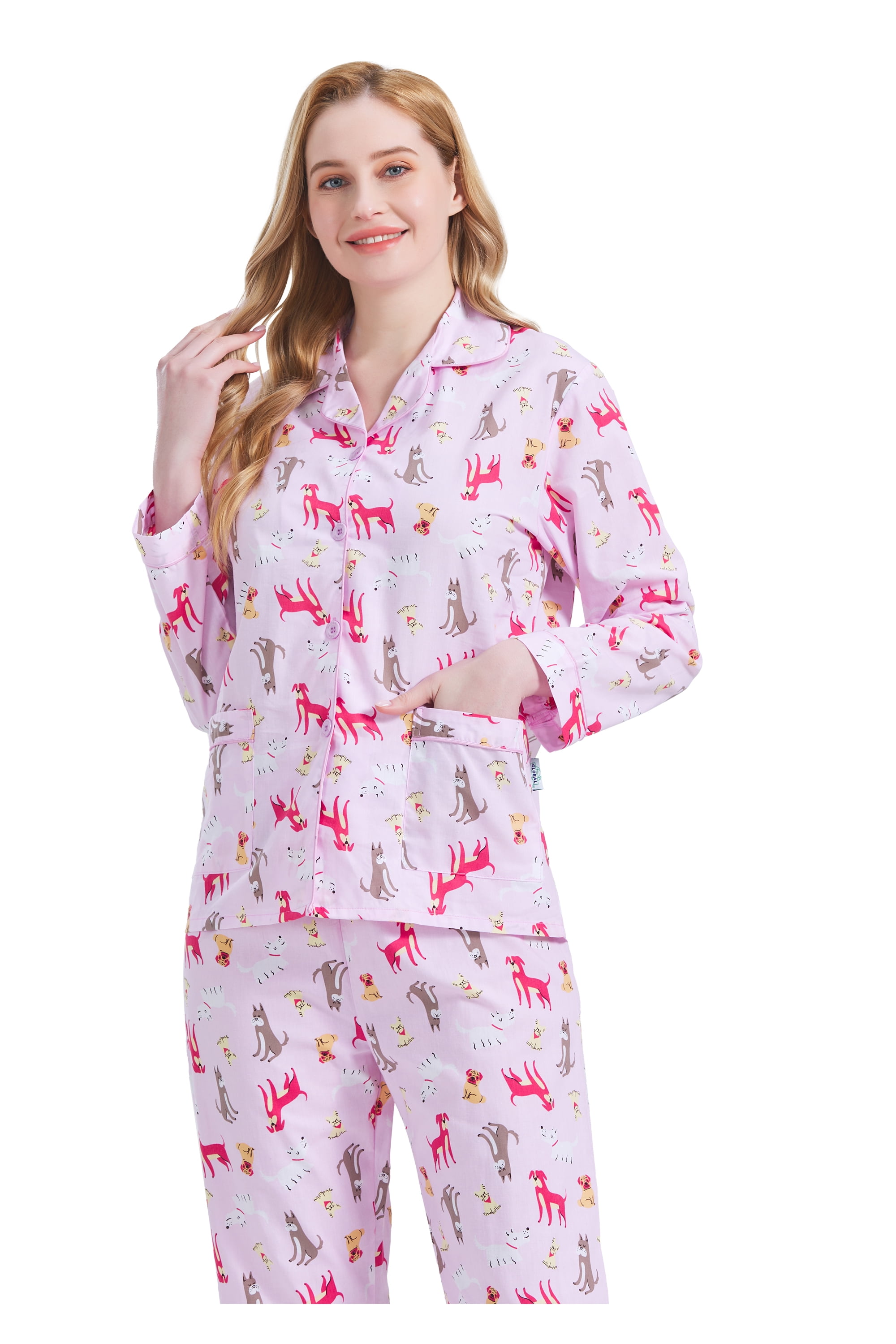 GLOBAL Womens 100% Cotton Notch Collar Pajama Set Homewear with Pockets ...