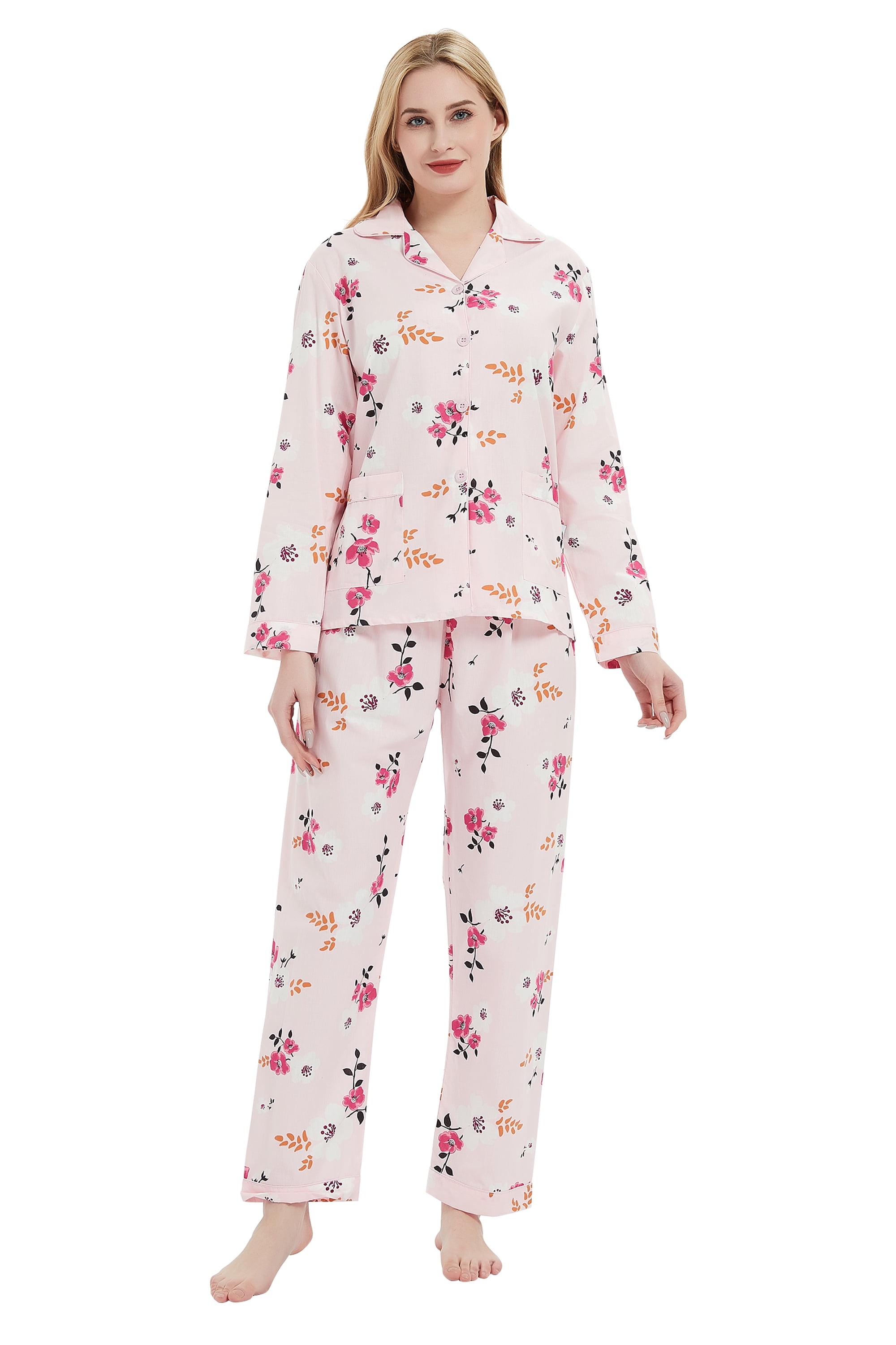GLOBAL Womens 100% Cotton Notch Collar Pajama Set Homewear with Pockets ...