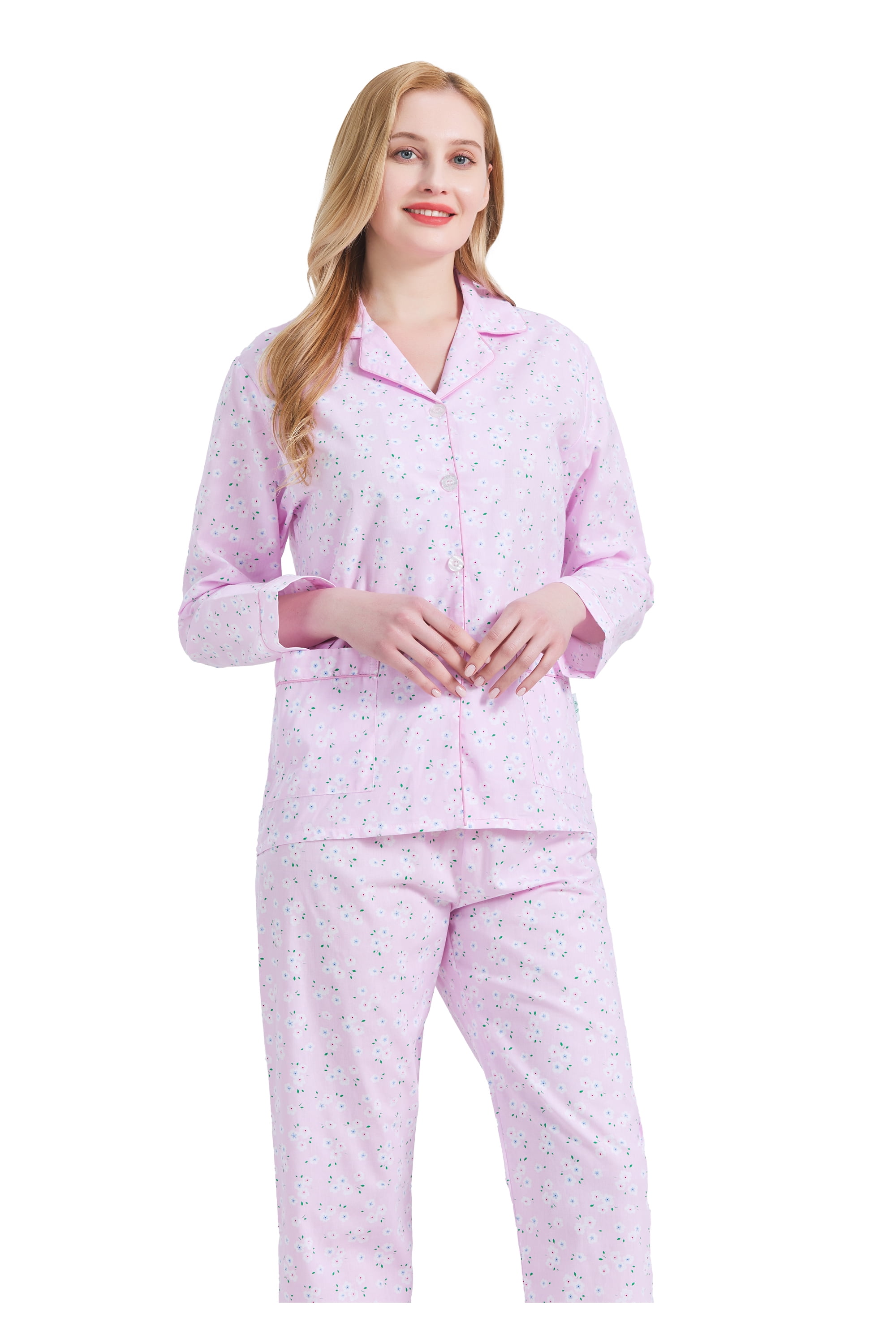 GLOBAL Womens 100% Cotton Notch Collar Pajama Set Homewear with Pockets ...