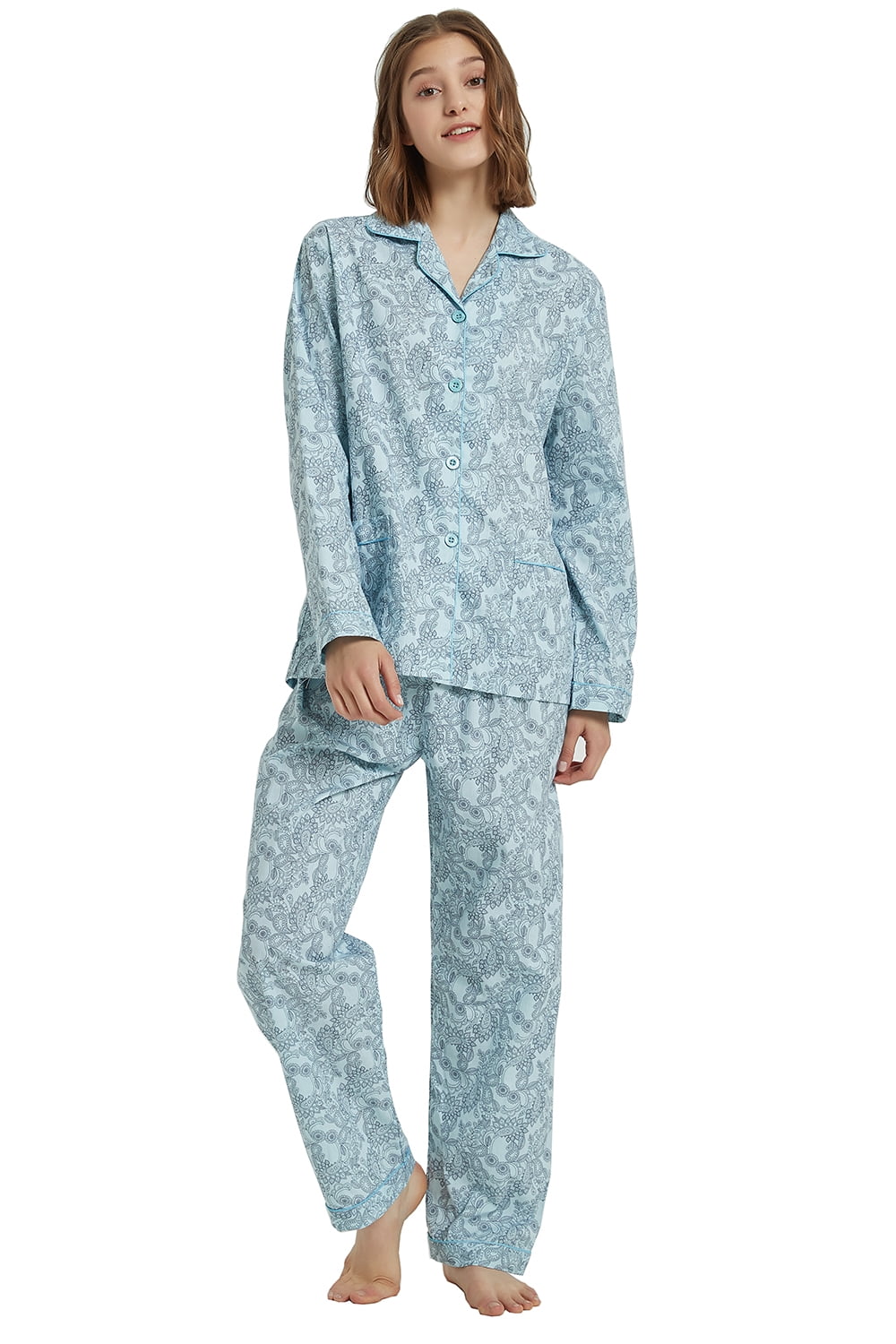 GLOBAL Womens 100% Cotton Pajamas Set Womens PJs Drawstring Sleepwear ...