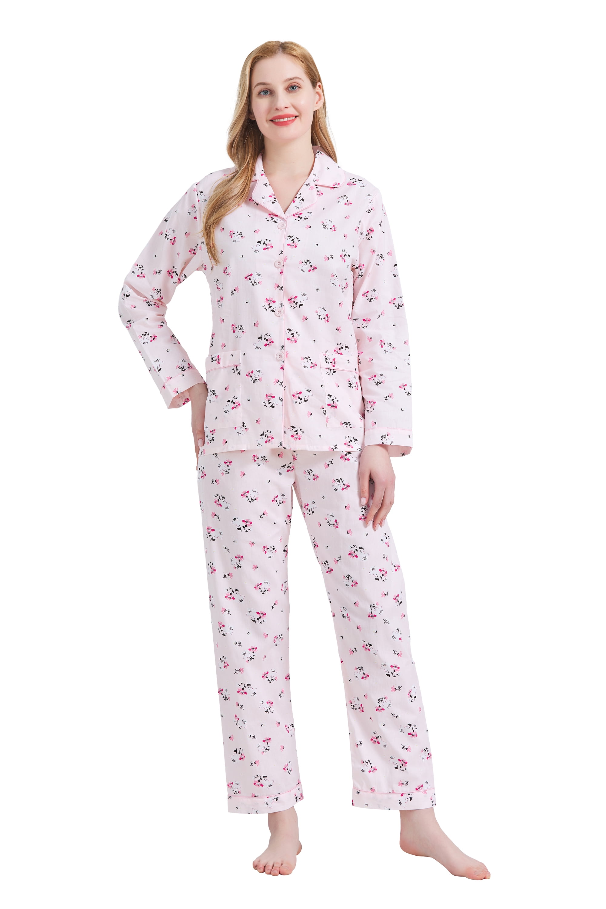 GLOBAL Womens Cotton Pajama Sets Long Sleeve Button Down Sleepwear ...