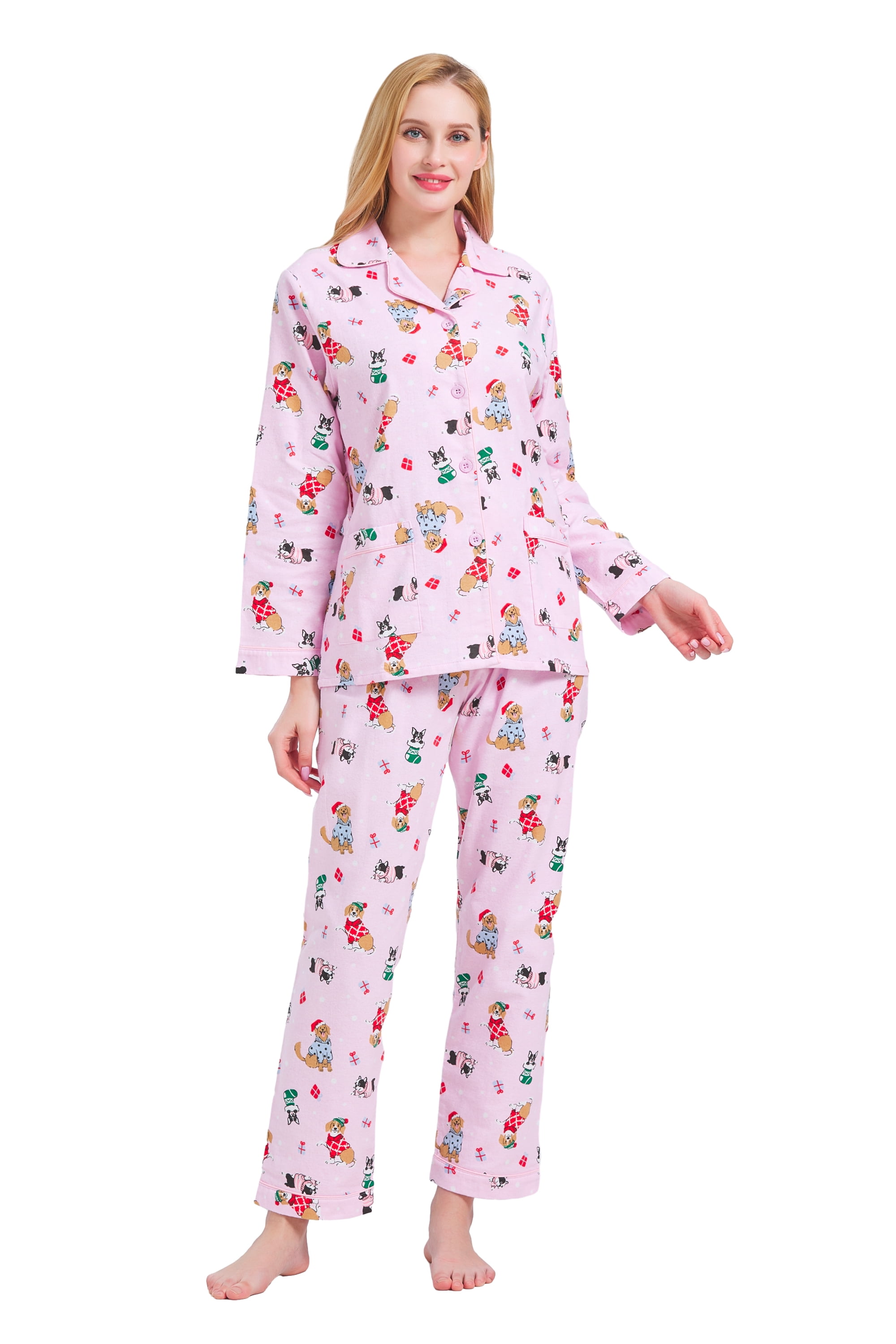 GLOBAL Womens Flannel Cotton Pajama Set Long PJs Flannel Loungewear Sleepwear,Size S-3XL ...