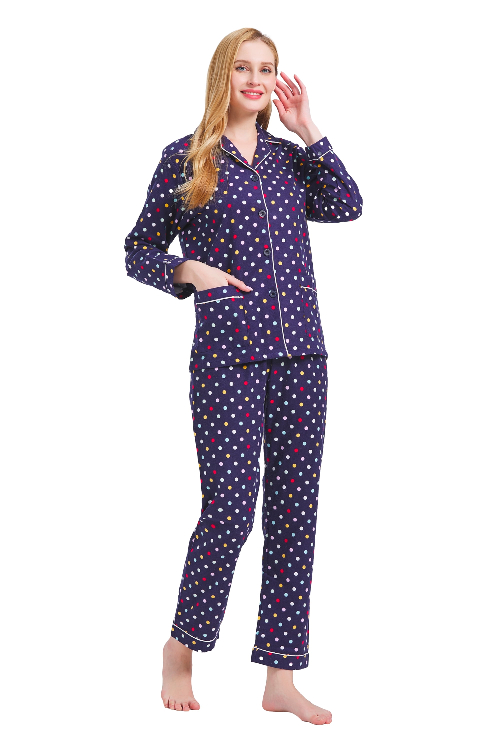 GLOBAL Womens Flannel Cotton Pajama Set Long PJs Flannel Loungewear Sleepwear,Size S-3XL ...