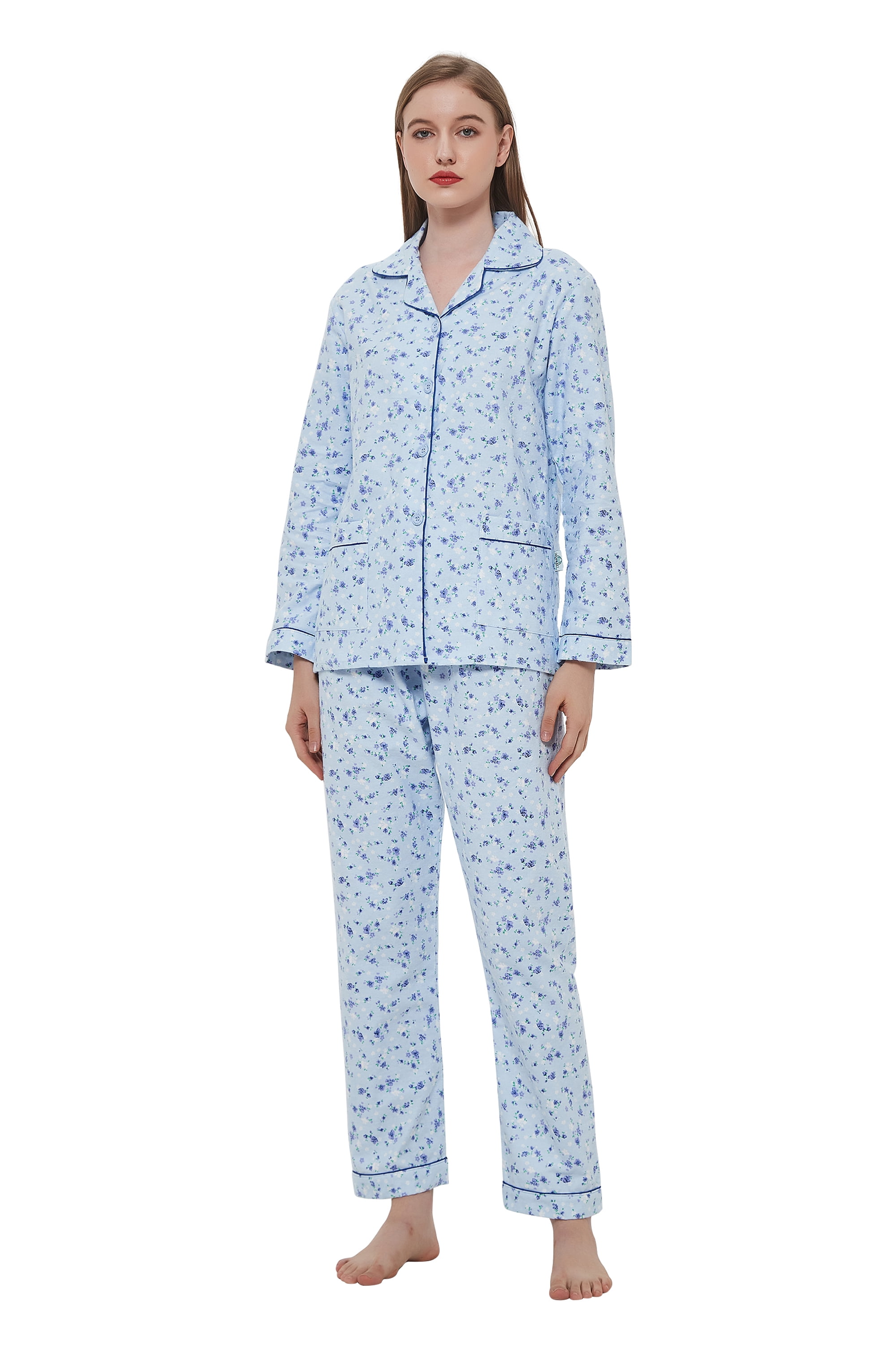 GLOBAL Womens Flannel Cotton Pajama Set Long PJs Flannel Loungewear Sleepwear,Size S-3XL ...