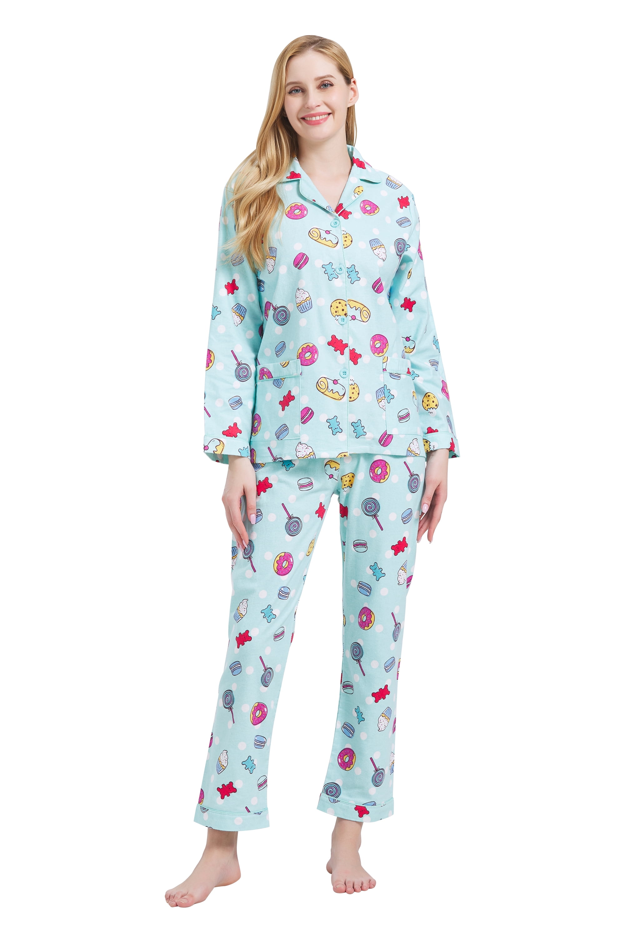 GLOBAL Womens Flannel Cotton Pajama Set Long PJs Flannel Loungewear ...