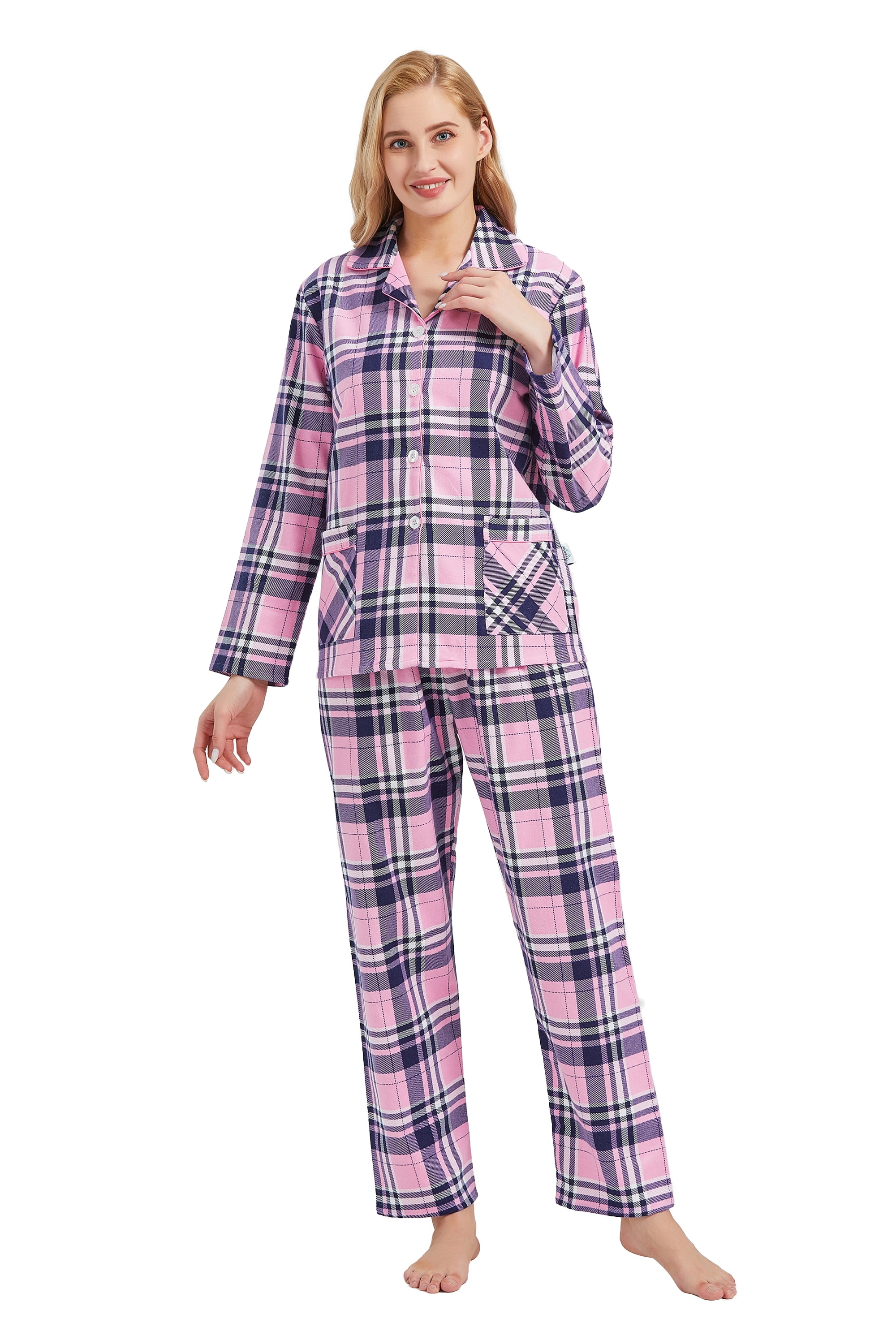 GLOBAL Womens Flannel Cotton Pajama Set Long PJs Flannel Loungewear Sleepwear,Size S-3XL ...