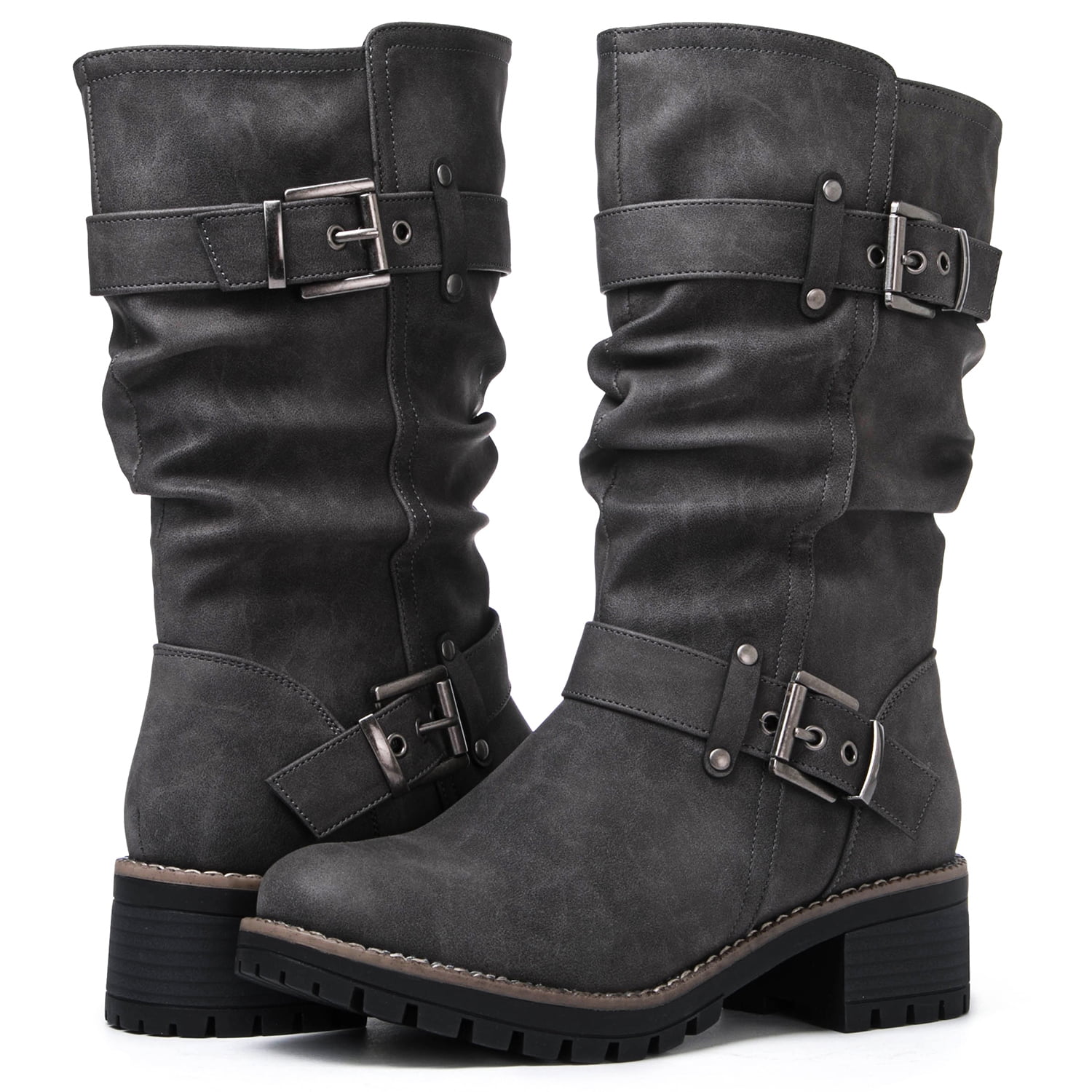 GLOBALWIN Mid Calf Dress Boots for Women Biker Boots Women Grey 8.5M ...