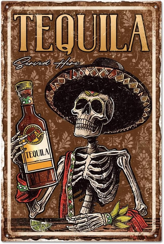 GLOBLELAND Retro Mexican Skeleton Tequila Metal Tin Sign 8x12in/30x20cm ...