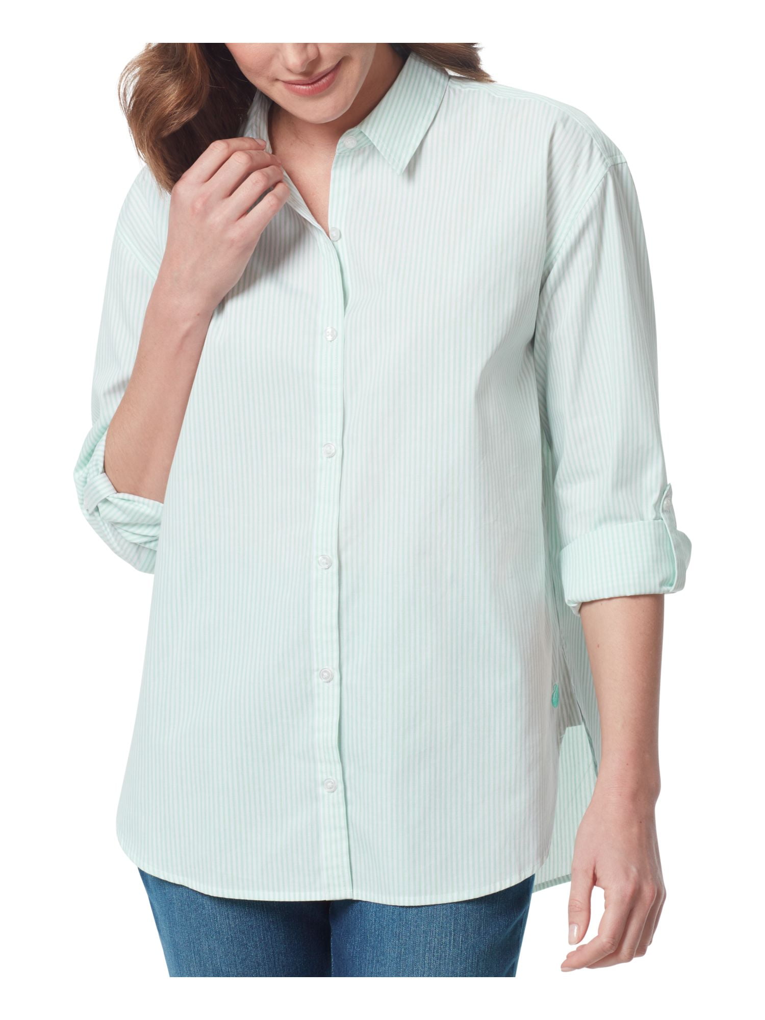 GLORIA VANDERBILT Womens Green Striped Roll-tab Sleeve Collared Wear To ...