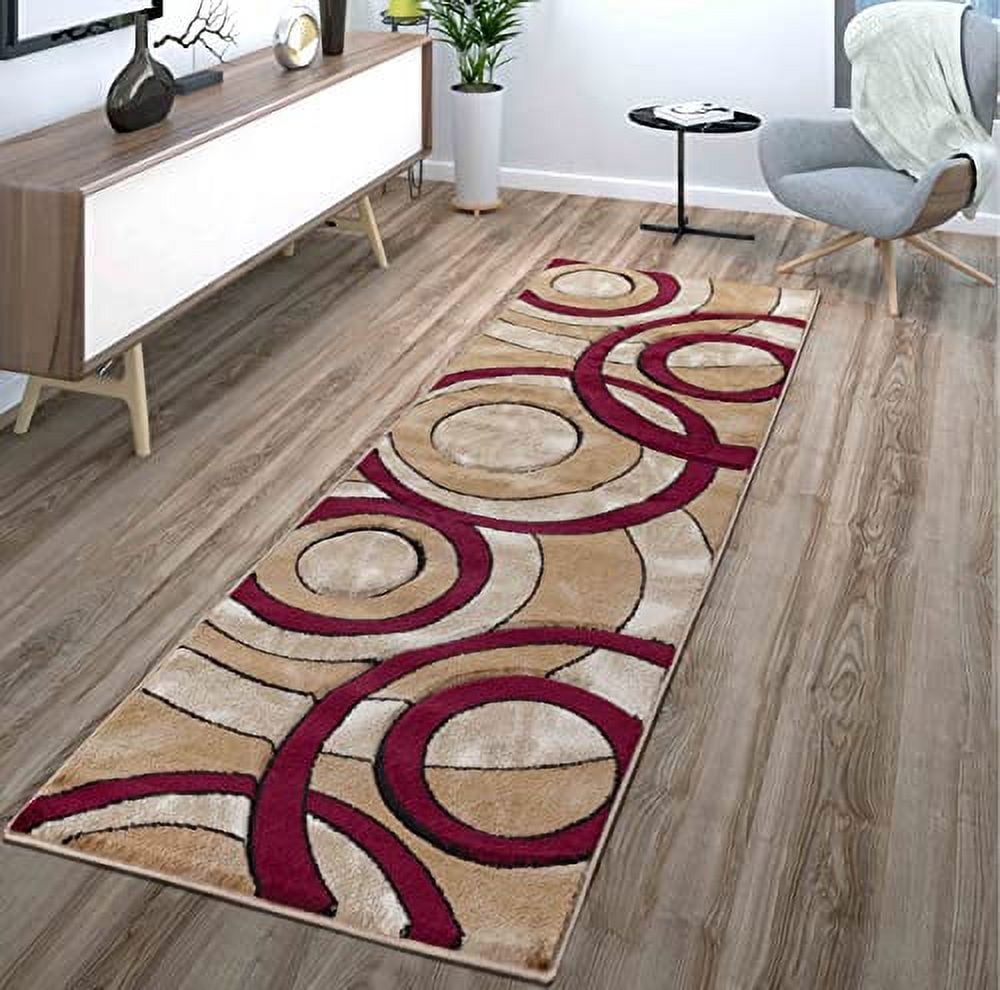 GLORY RUGS Modern 2x7 Dark Red Circles Geometry Soft Hand Carved Area ...