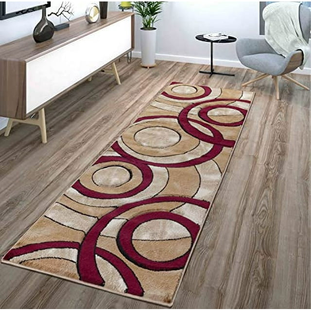 GLORY RUGS Modern 2x7 Dark Red Circles Geometry Soft Hand Carved Area ...