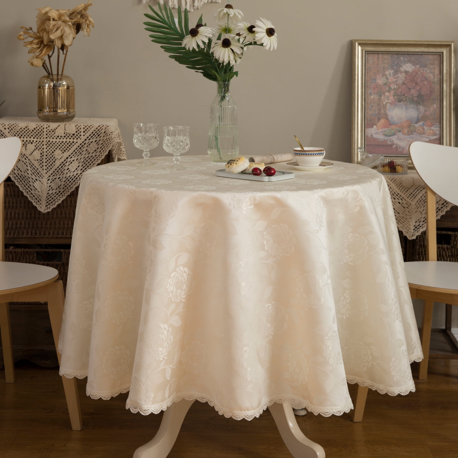 GLORY SEASON Textured Tablecloth Waterproof Spillproof Lace Trim ...