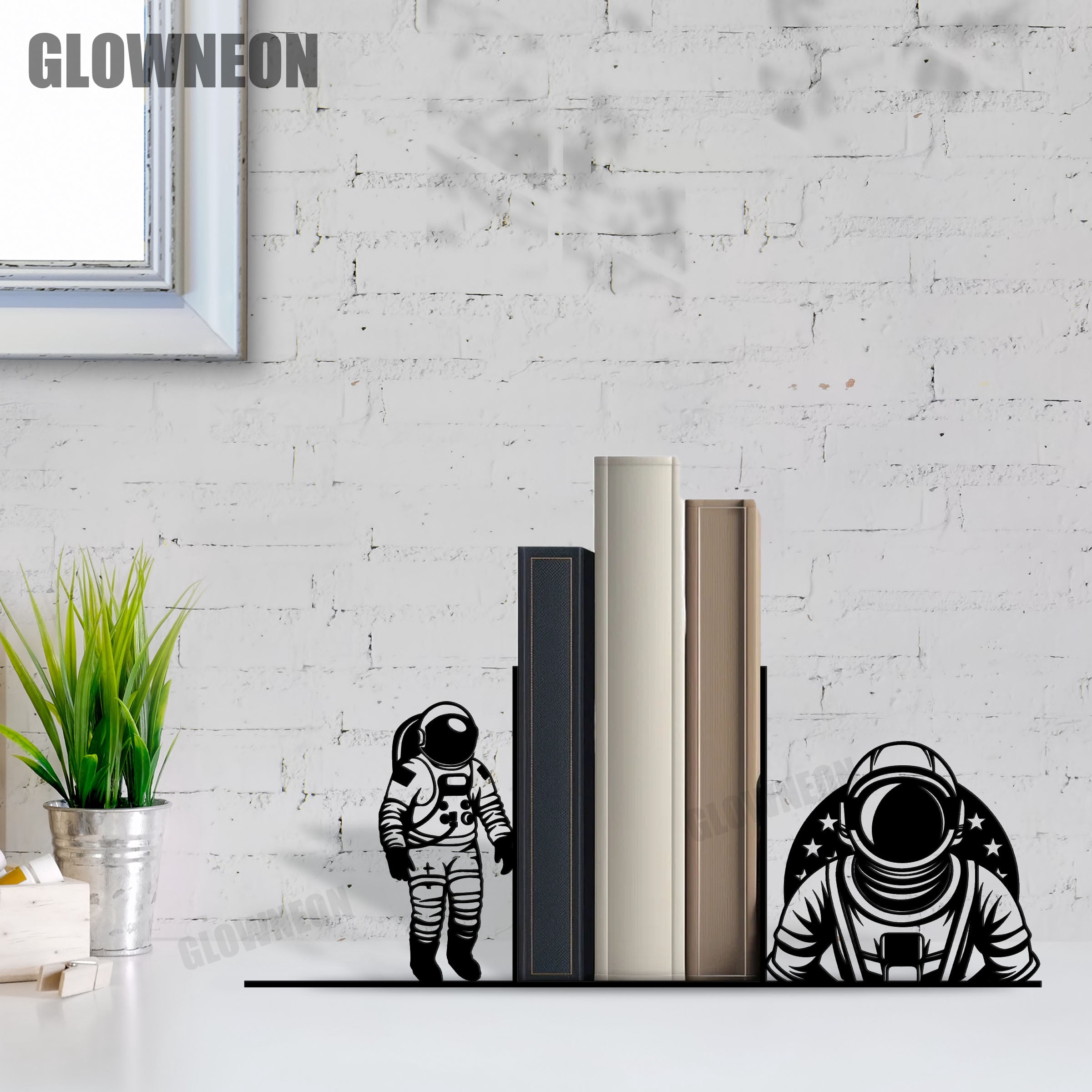 GLOWNEON Astronaut Rocket Bookends, Metal Holders for Office, Shelves ...