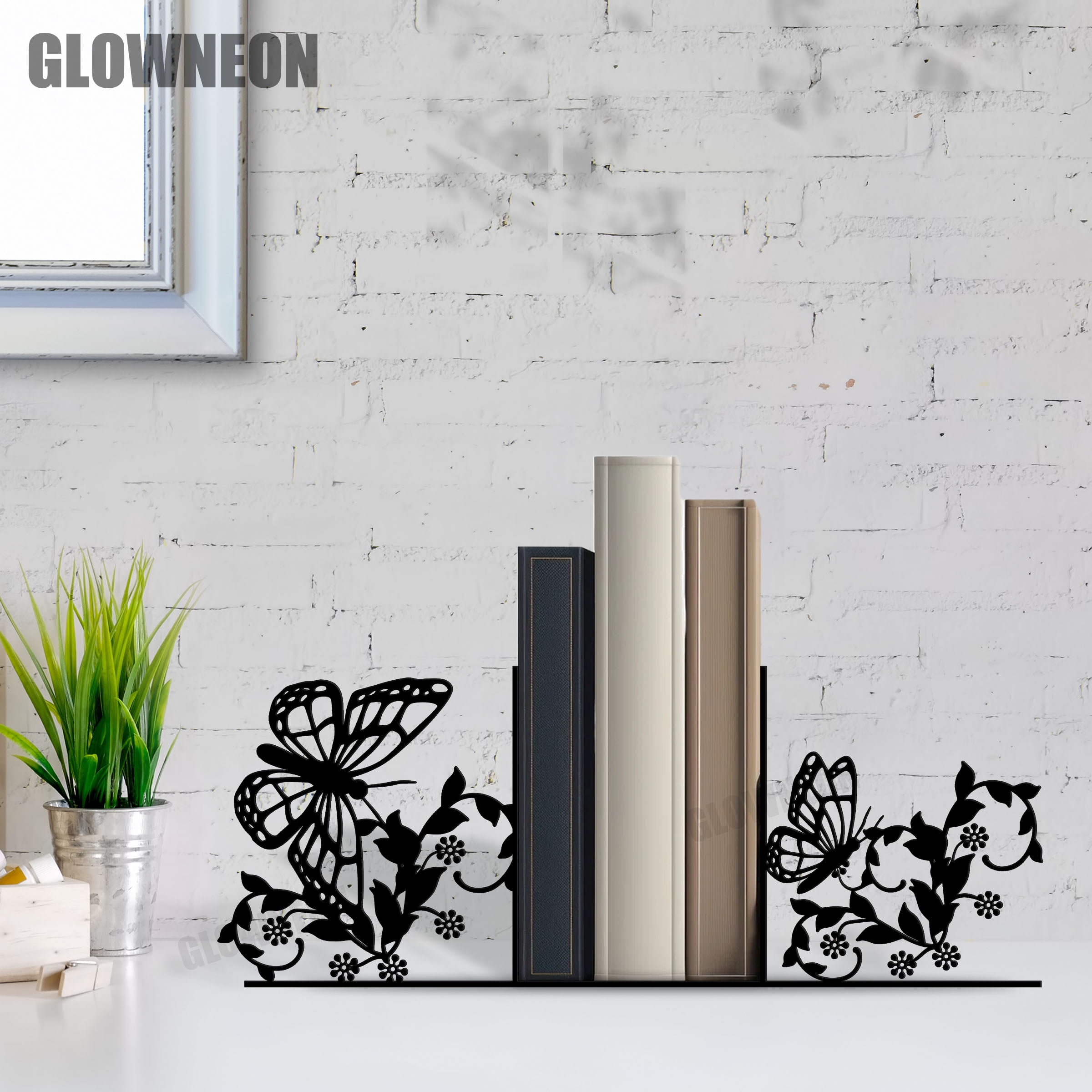 GLOWNEON Butterfly Metal Bookend Sign Art, Decorative Book Ends for ...