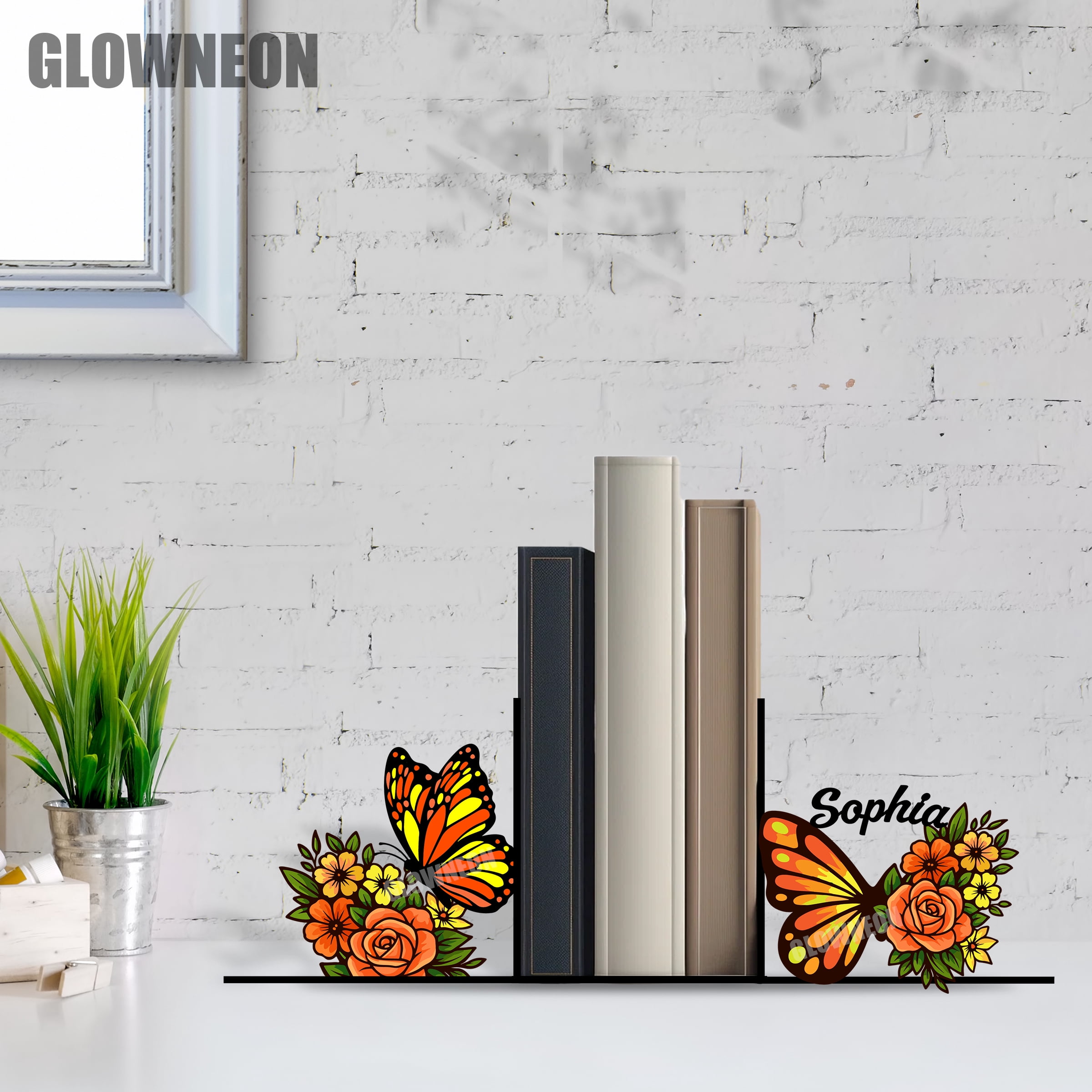 GLOWNEON Butterfly Metal Bookends, Elegant Book Holder for Bookshelf ...