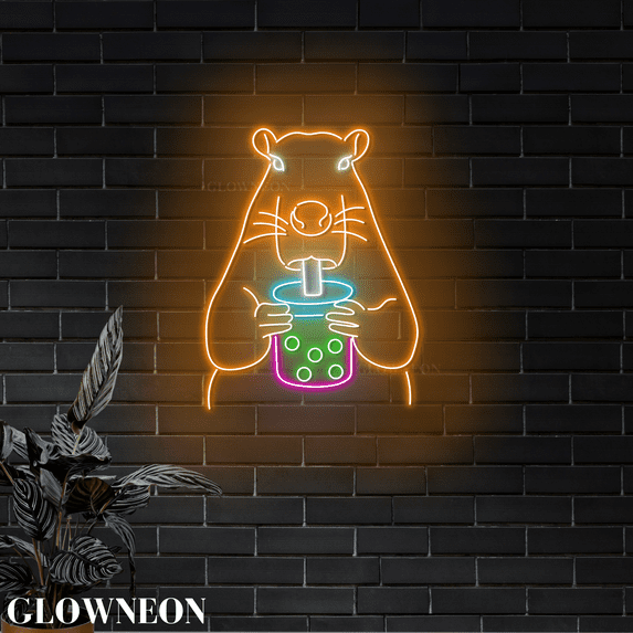 GLOWNEON Capybara Drinking Boba LED Light, Bubble Tea Neon Sign, Boba ...