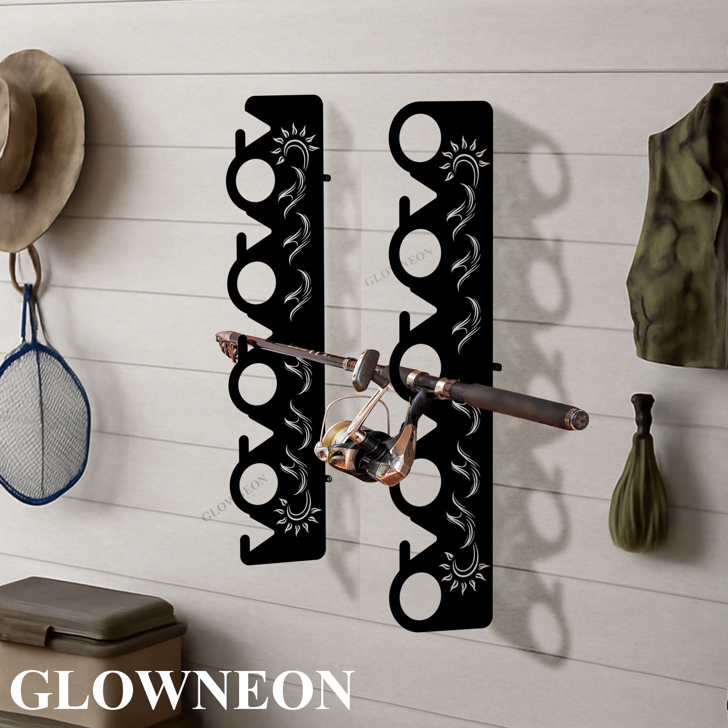 GLOWNEON Custom Fishing Rod Holder, Wall Mounted Metal Rack for Garage ...