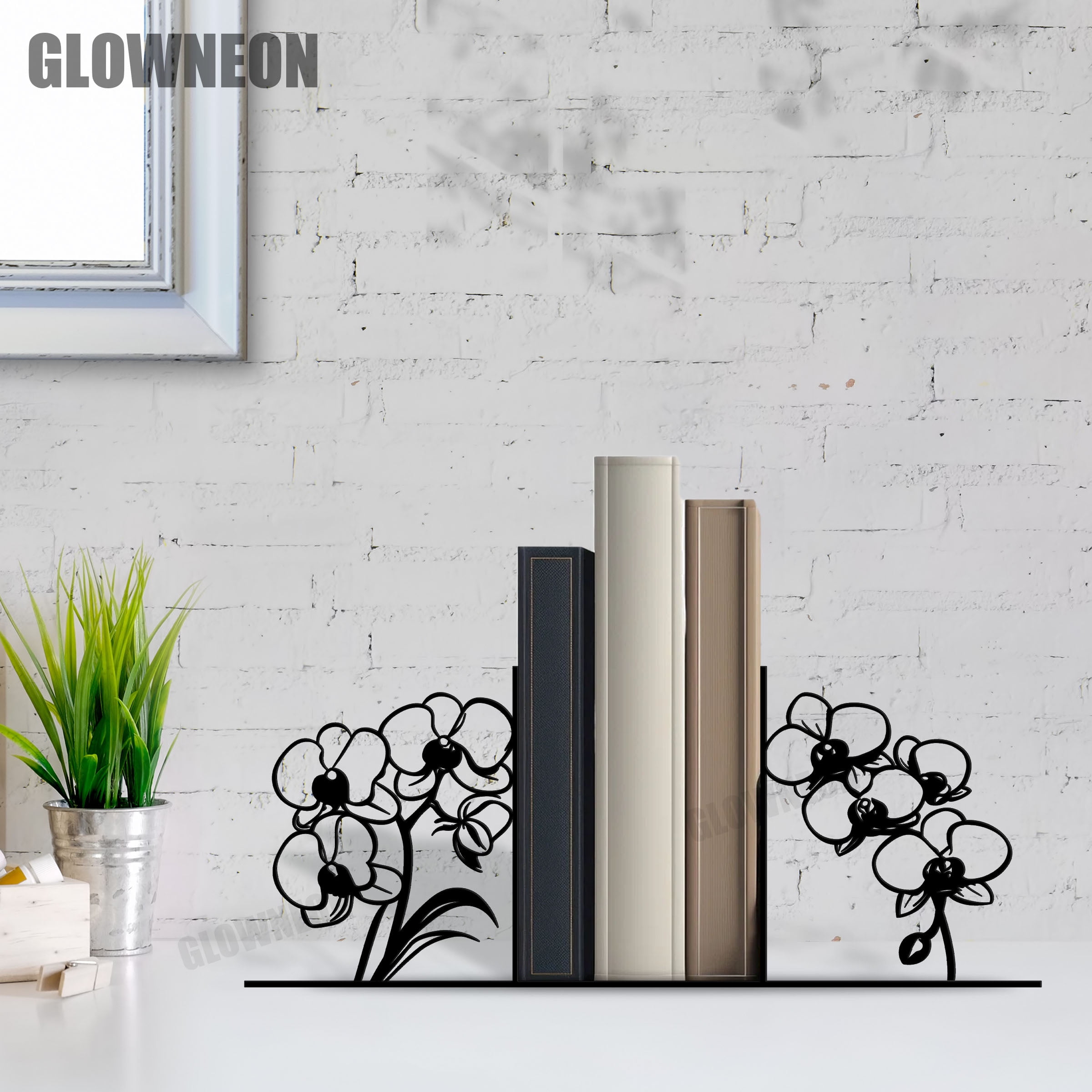 GLOWNEON Flower Metal Bookend Sign Art, Decorative Book Stopper for ...
