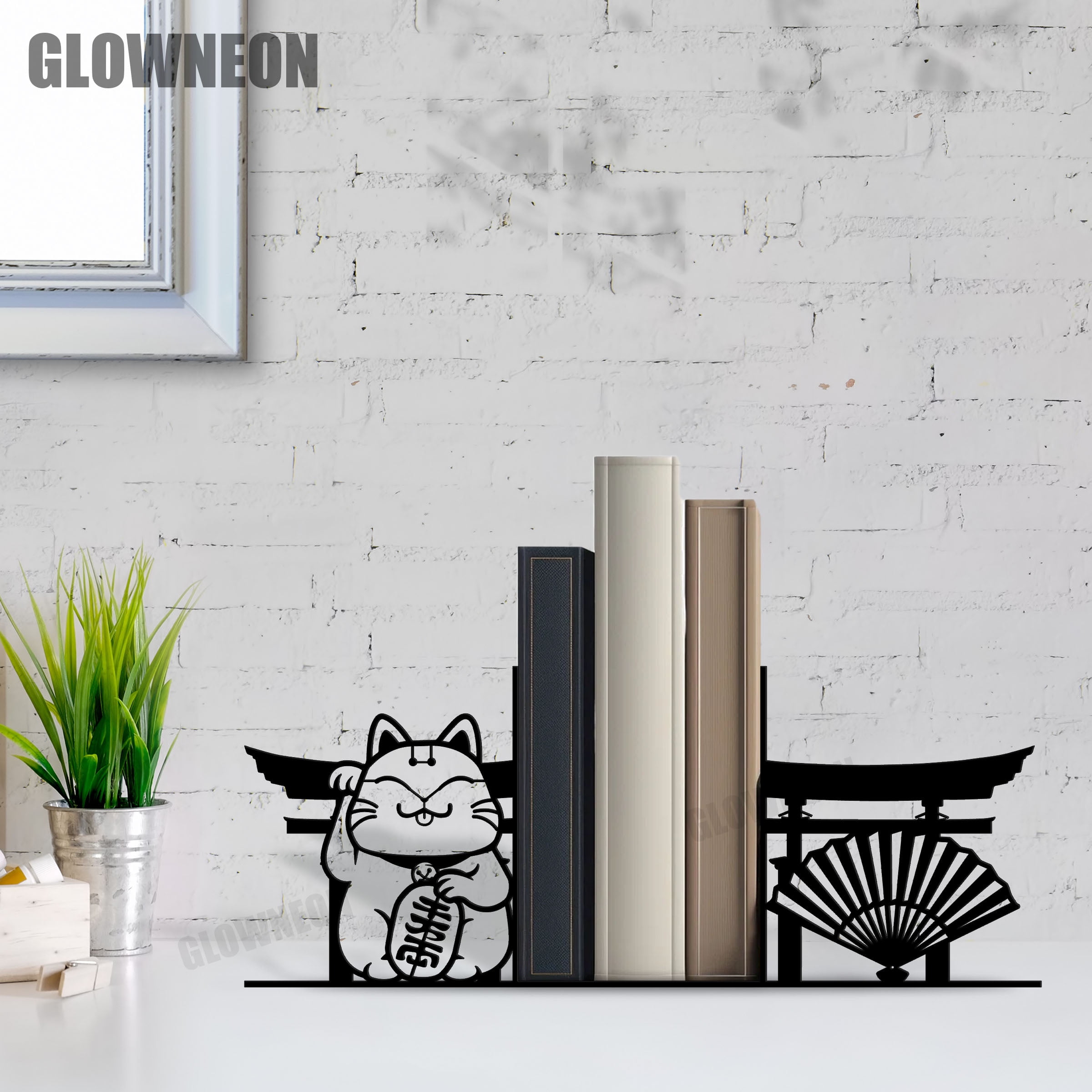 GLOWNEON Lucky Cat Bookend, Decorative Metal Book Stopper for Office ...