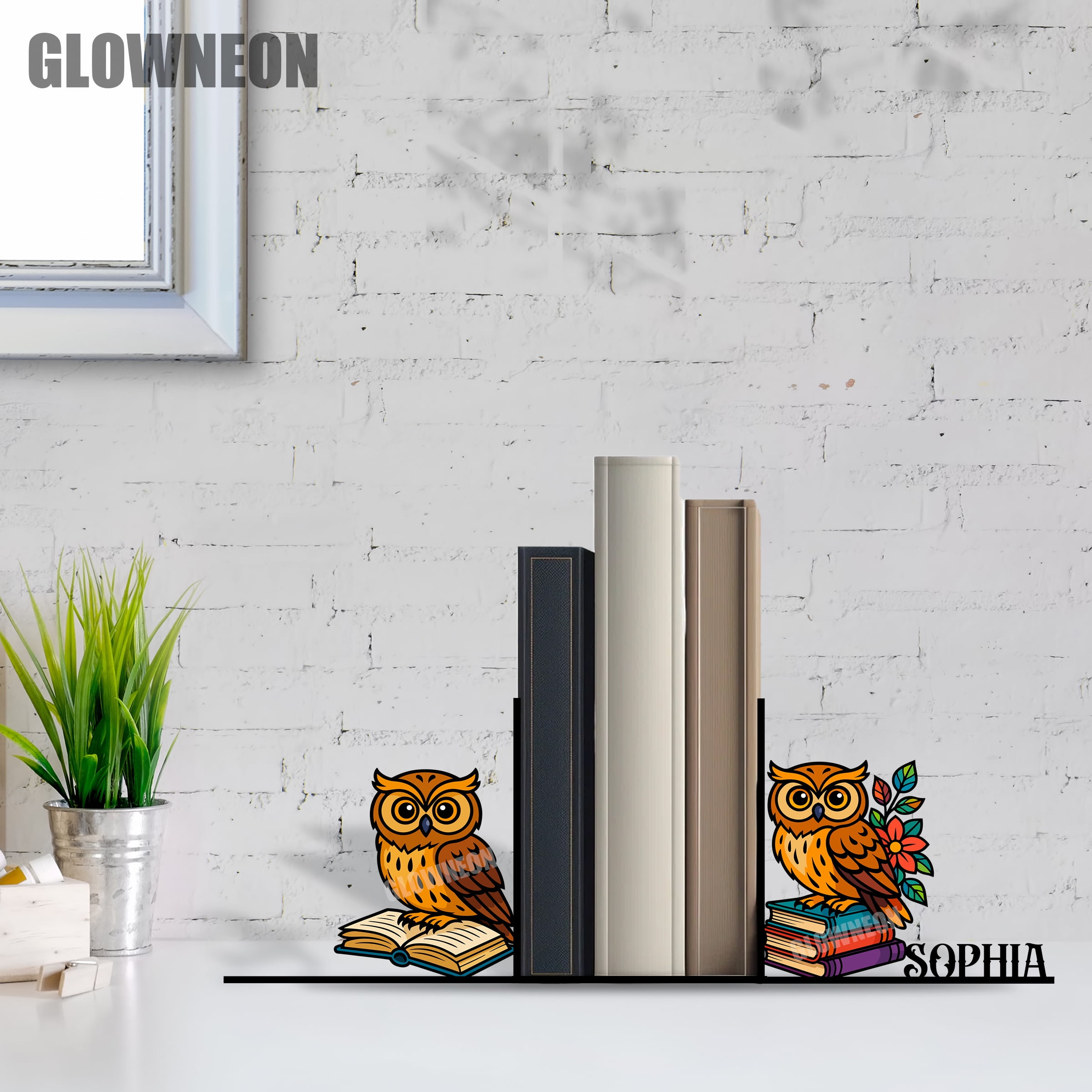 GLOWNEON Owl Metal Bookend, Book Holder Art for Bookshelf Decor, Book ...