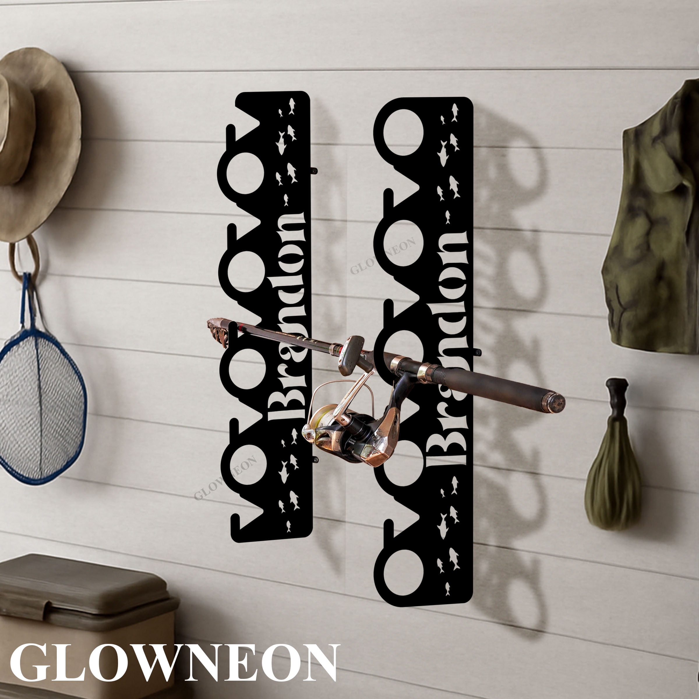 GLOWNEON Personalized Fish Swarm Fishing Rod Rack, Metal Wall Mounted ...