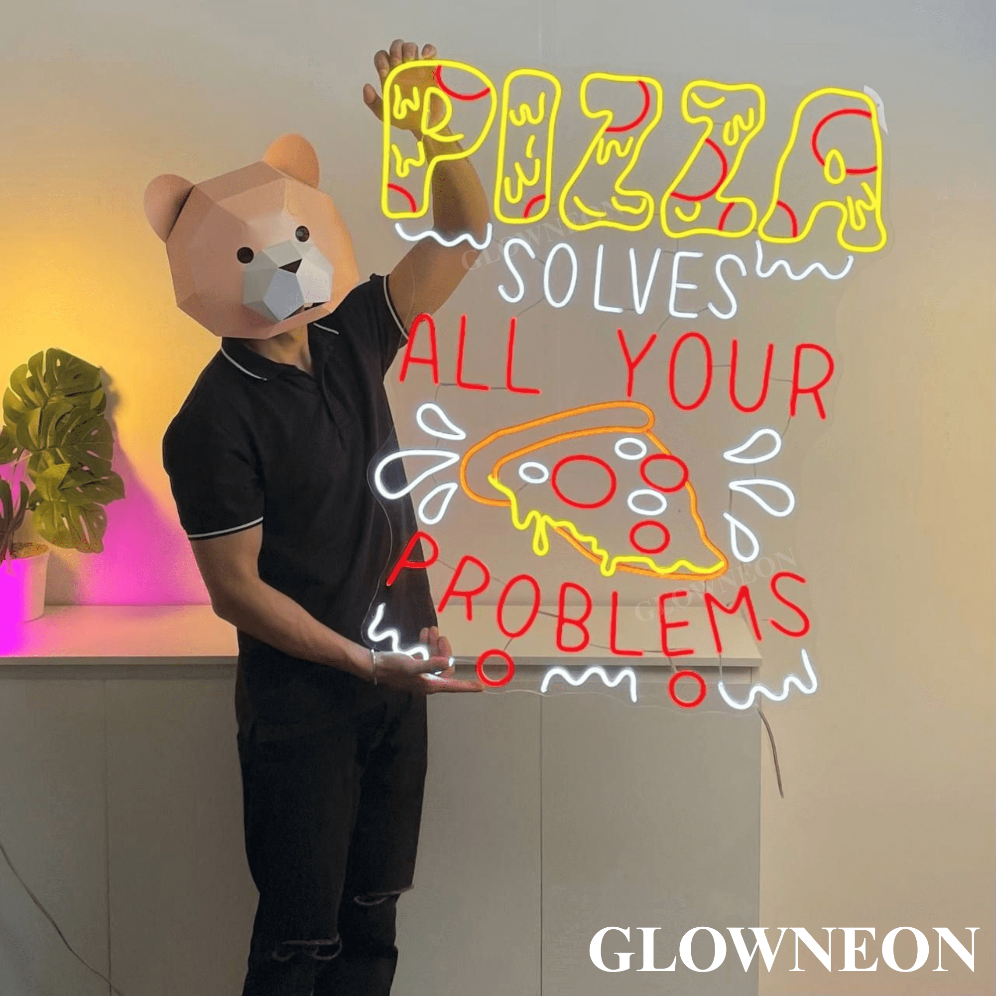 GLOWNEON Pizza Solves All Your Problems Neon Sign, Pizza Store Wall LED Light, Pizza Restaurant ...