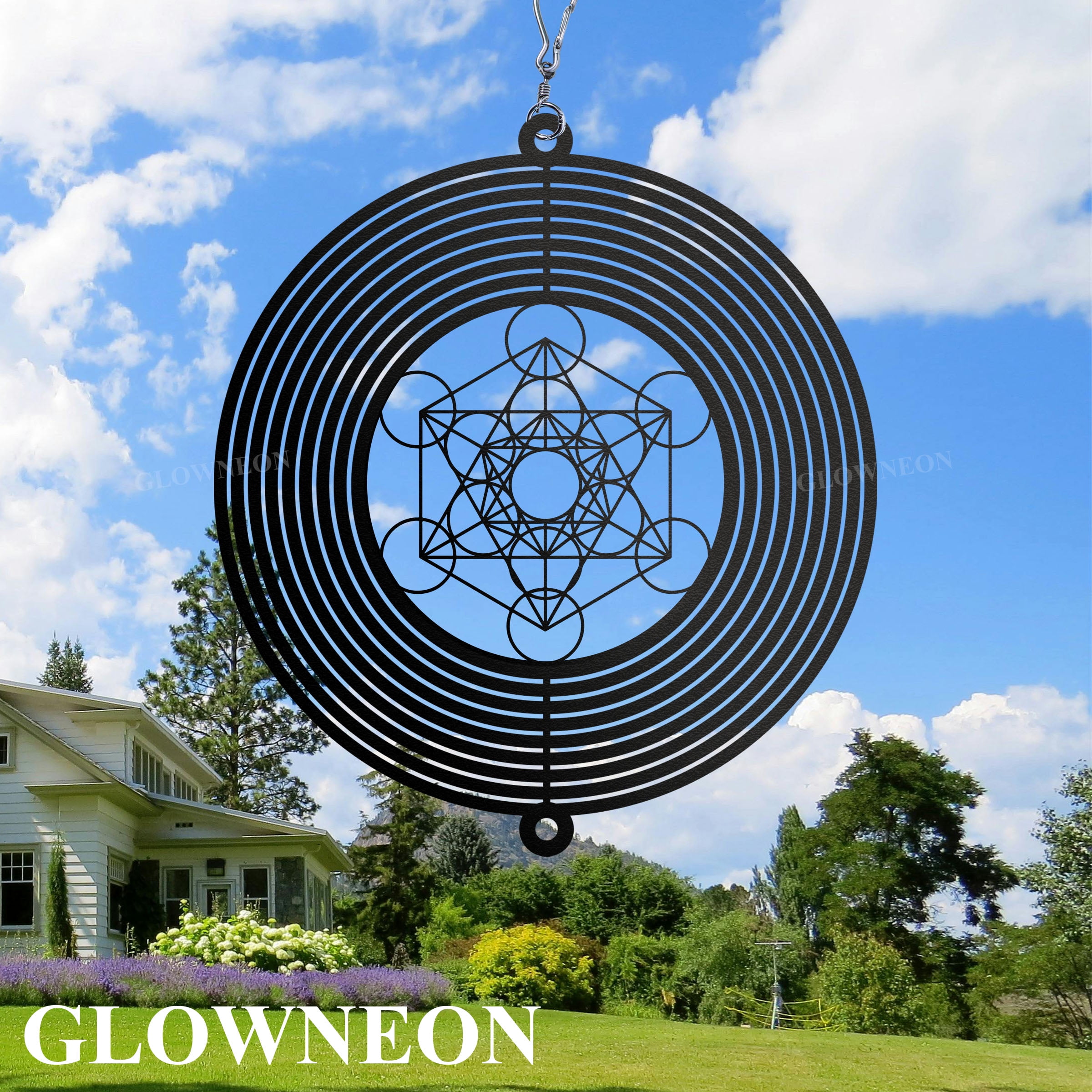 GLOWNEON Spiritual Geometry Wind Spinner, Sacred Symbol Metal Outdoor ...