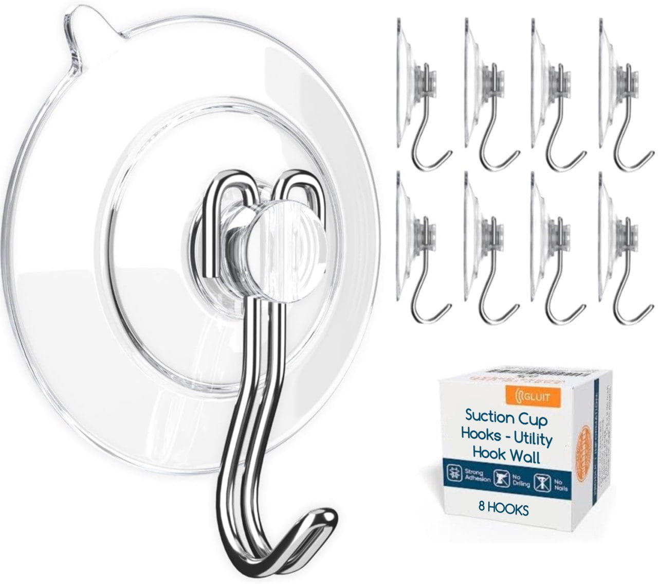 GLUIT Suction Cup Hooks, Heavy Duty Stainless Steel, 8 Pack, Reusable ...