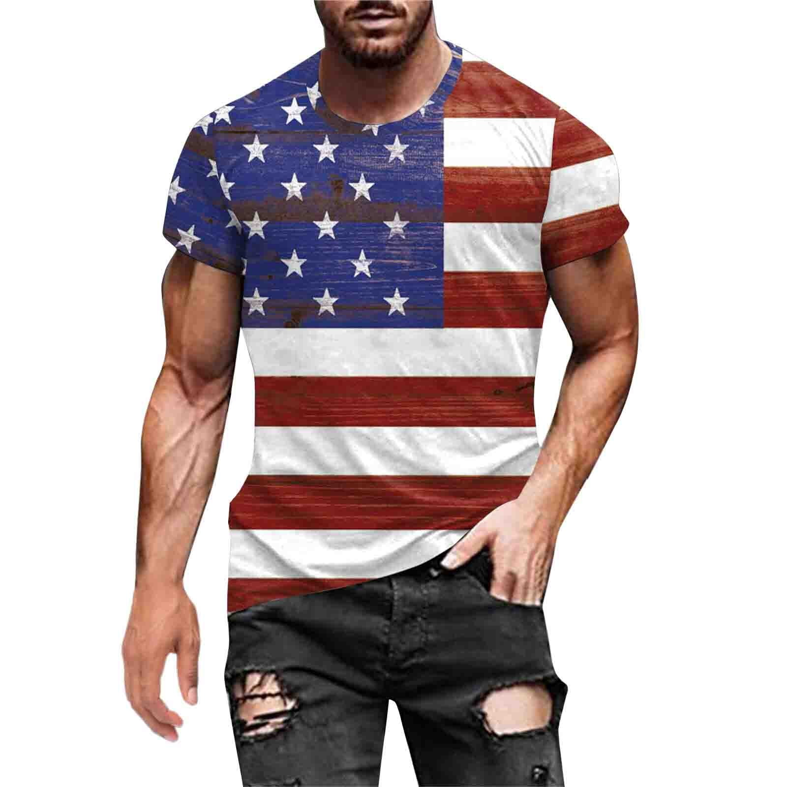 GLVSZ Mens American Flag T-Shirt Regular Fit Patriotic Vintage Shirts 4th of July Short Sleeve ...