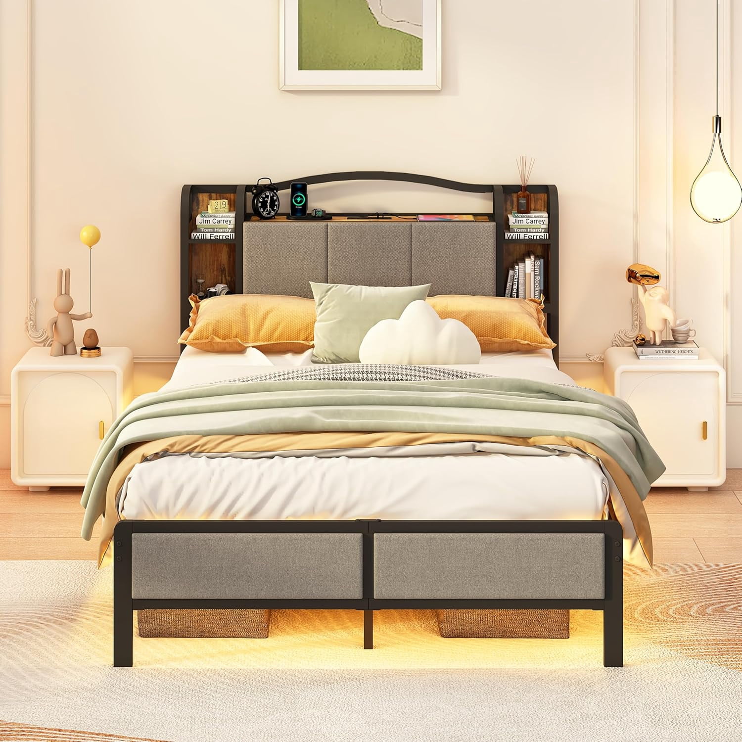 GLZ'HOME Queen Size Bed Frame with Fabric Upholstered Headboard and USB ...