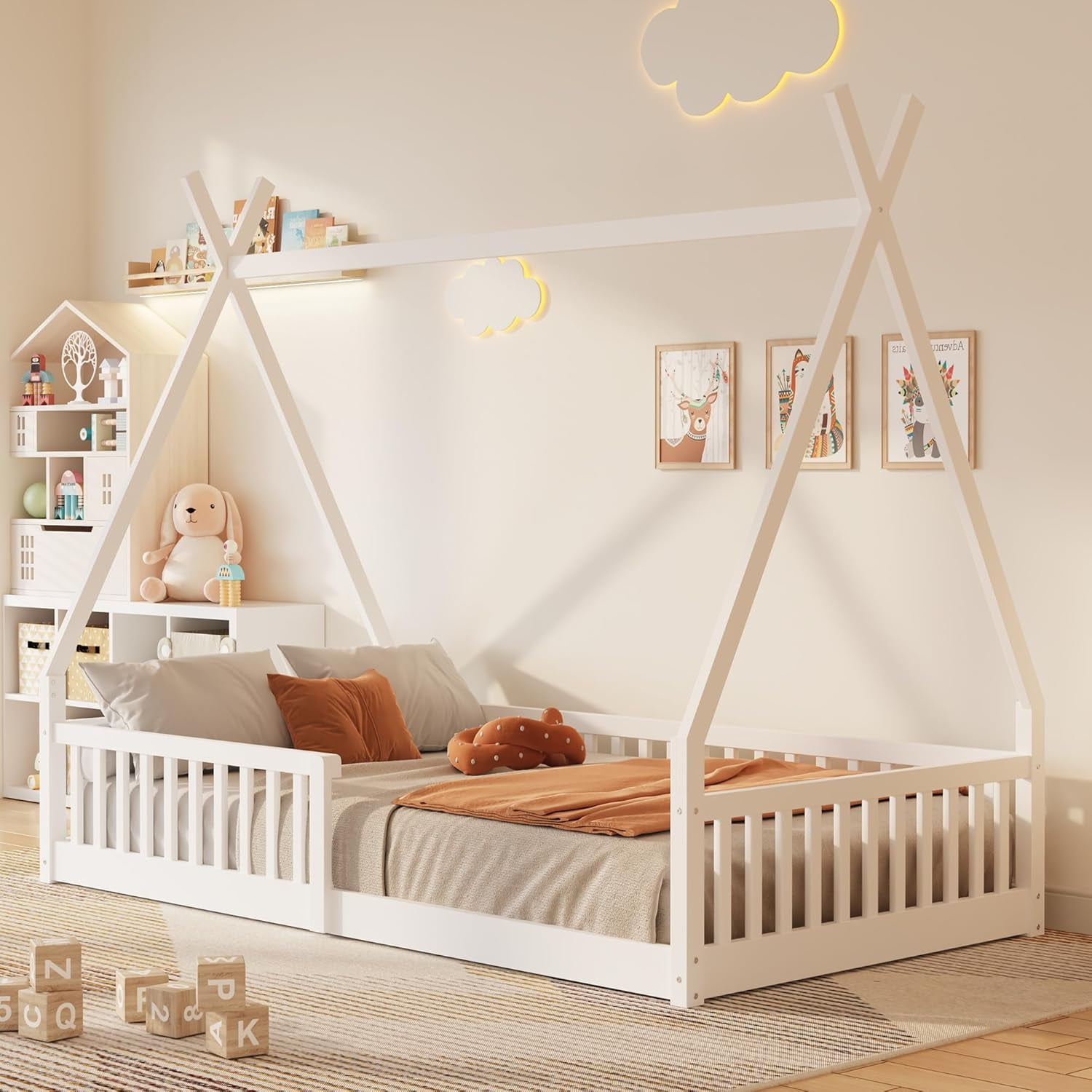 GLZ'HOME Twin House Bed with Fence, Modern Wood Montessori Floor Bed ...