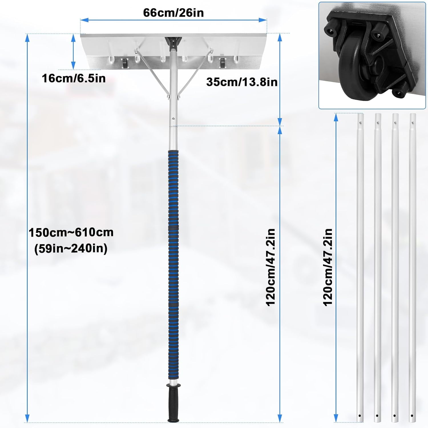 GMAK Snow Roof Rake with 26'' Wide Blade and Wheels, 20FT Telescopic ...