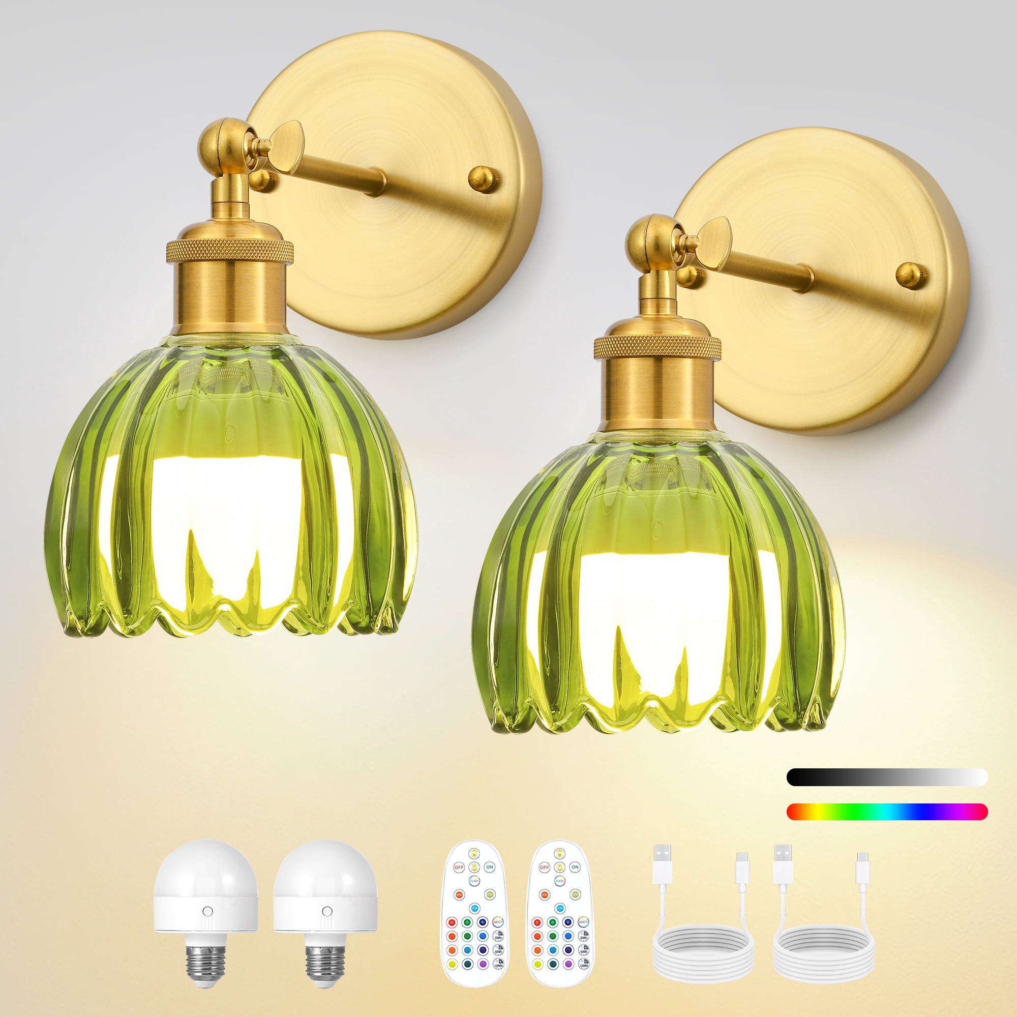 GMGSROM Vintage Battery Operated Wall Sconce, Green Tulip Glass ...